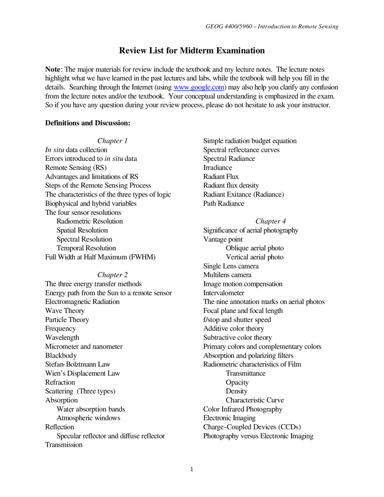 Introduction To Remote Sensing Midterm Examination Geog 4400 Docsity