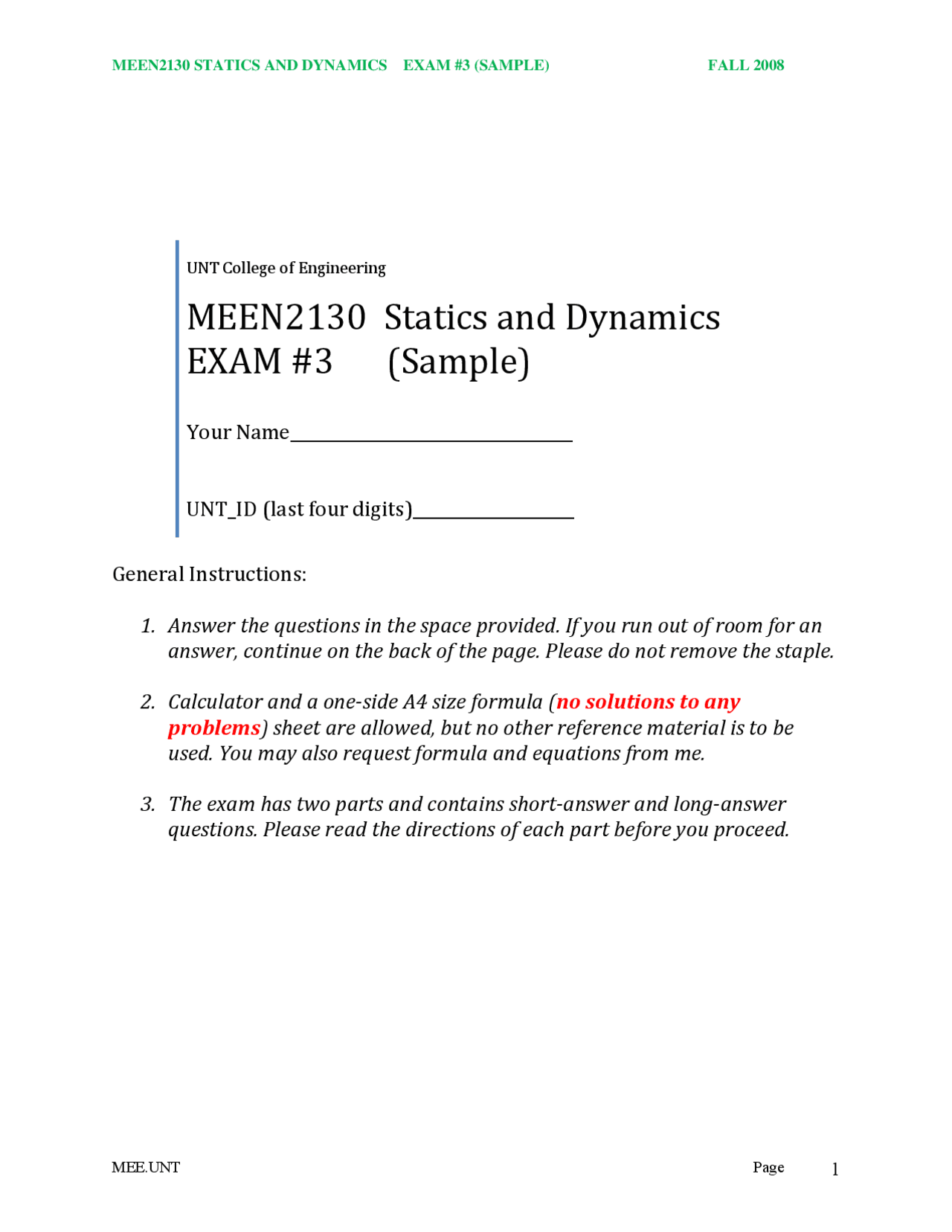 Sample Exam 3 Statics And Dynamics Meen 2130 Docsity
