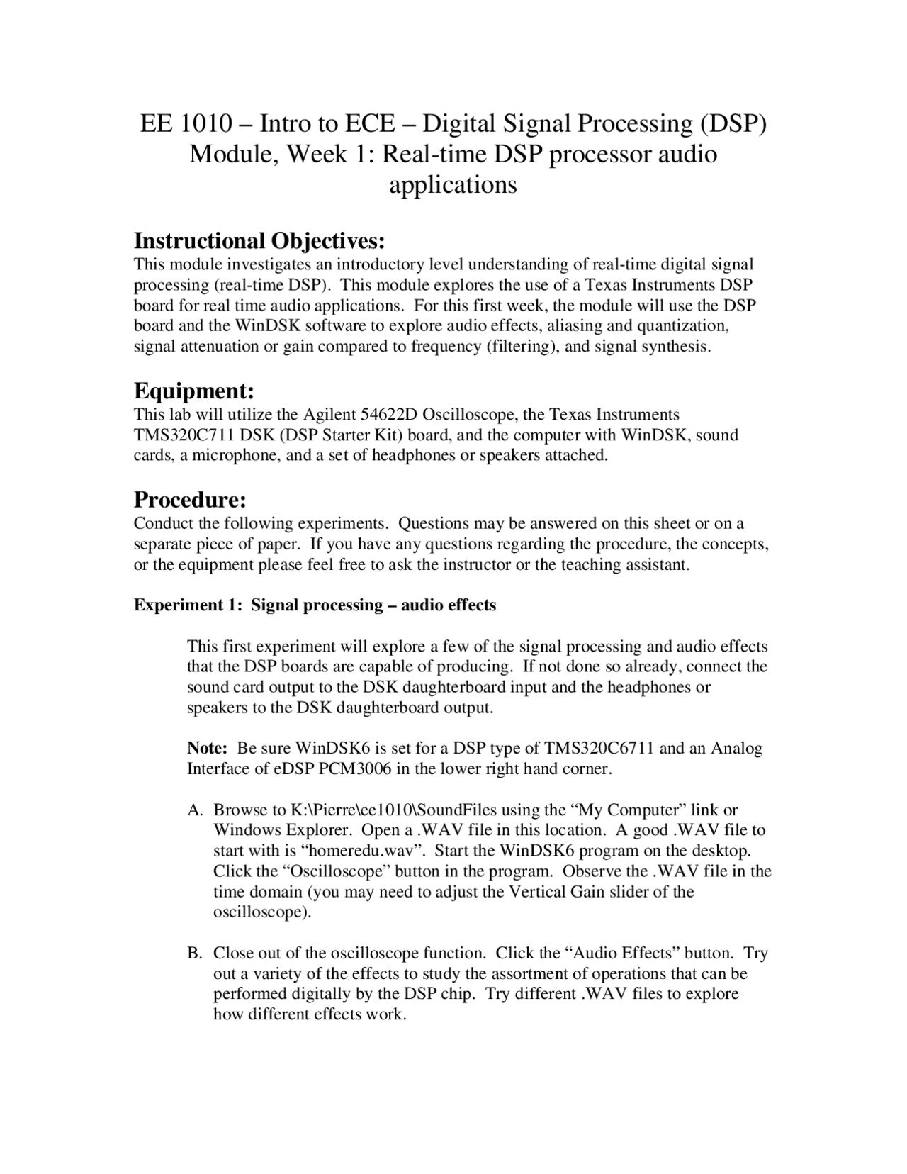 Real Time Dsp Processor Audio Applications Laboratory Ee 1010 Docsity
