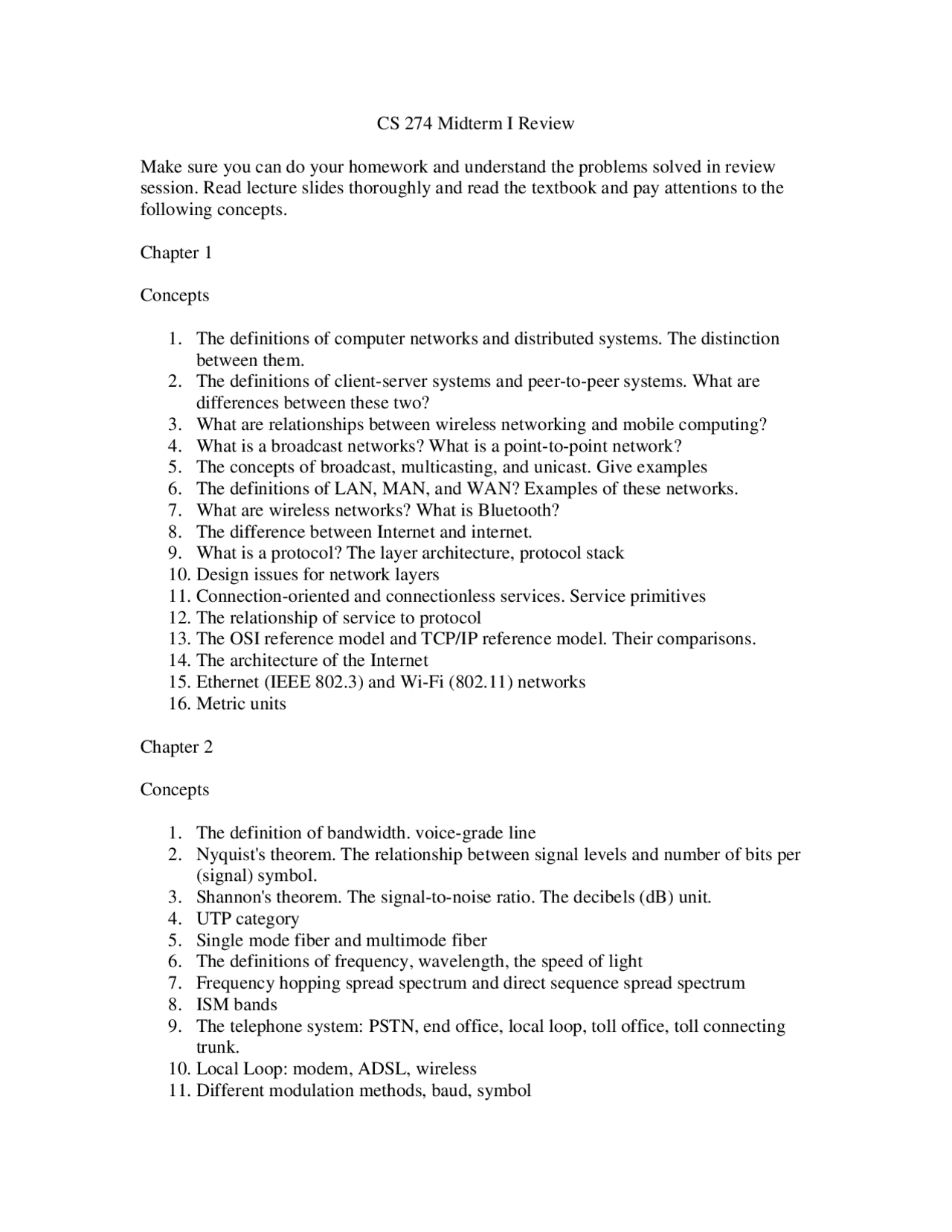 Study Questions for Midterm Exam 1 - Data Communications | CS 274 | Exams Data Communication ...