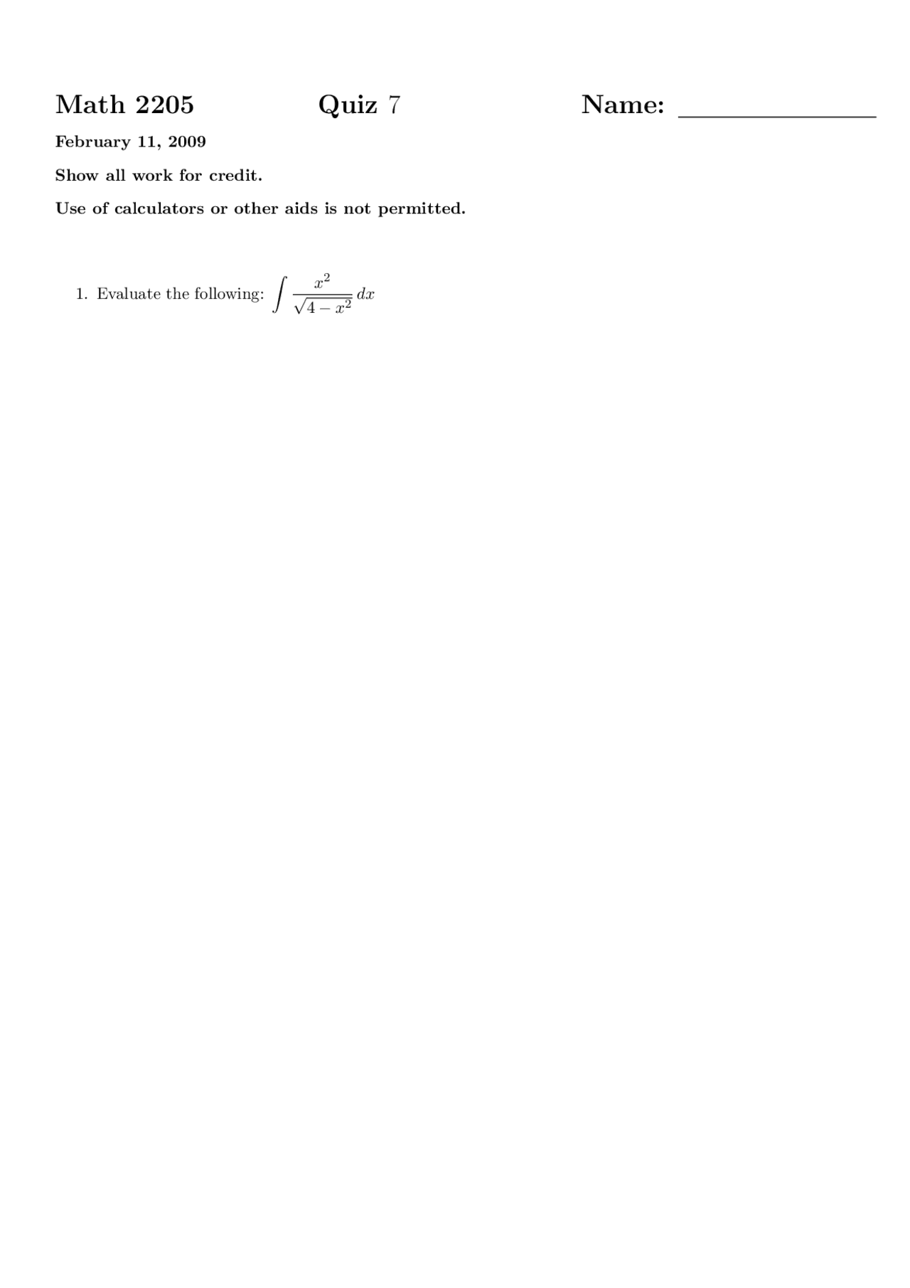 Evaluate Derivative Quiz 7 Calculus Ii Math 2205 Docsity