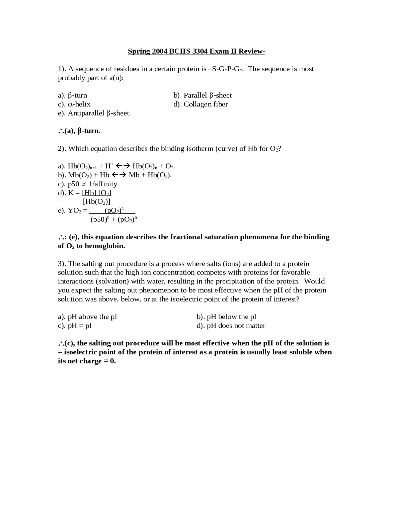 Old Exam 2 Review With Answers General Biochemistry I Bchs 3304