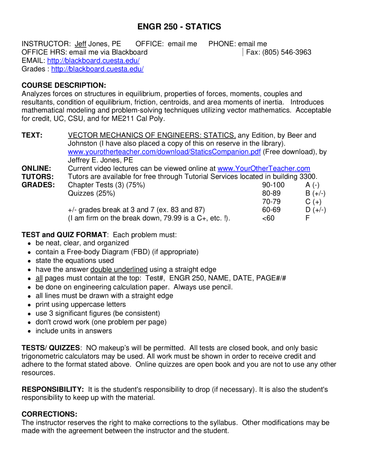Course Guideline For Quiz Engineering Statics Engr 250 Docsity