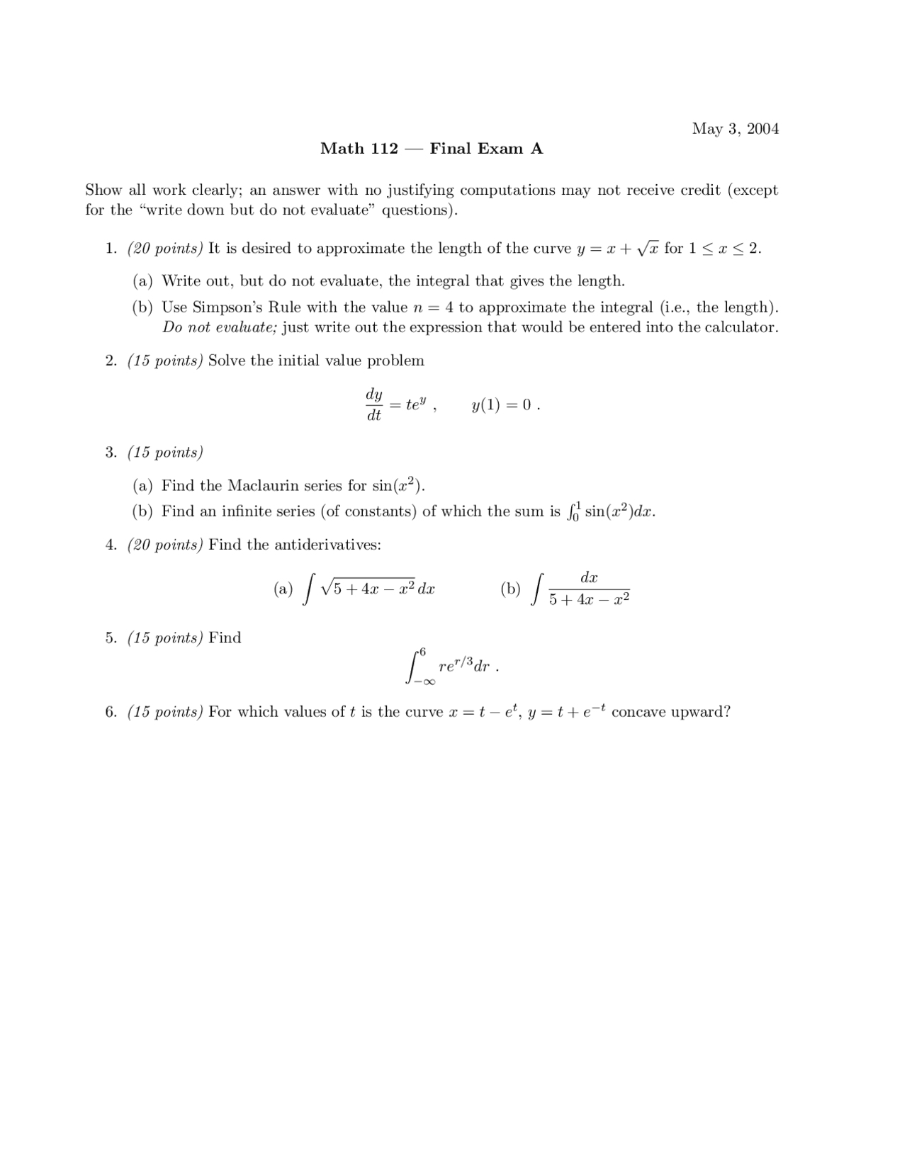 Math 112 Final Exam A Solutions: Integrals, Series, and Differential Equations | Exams Calculus ...
