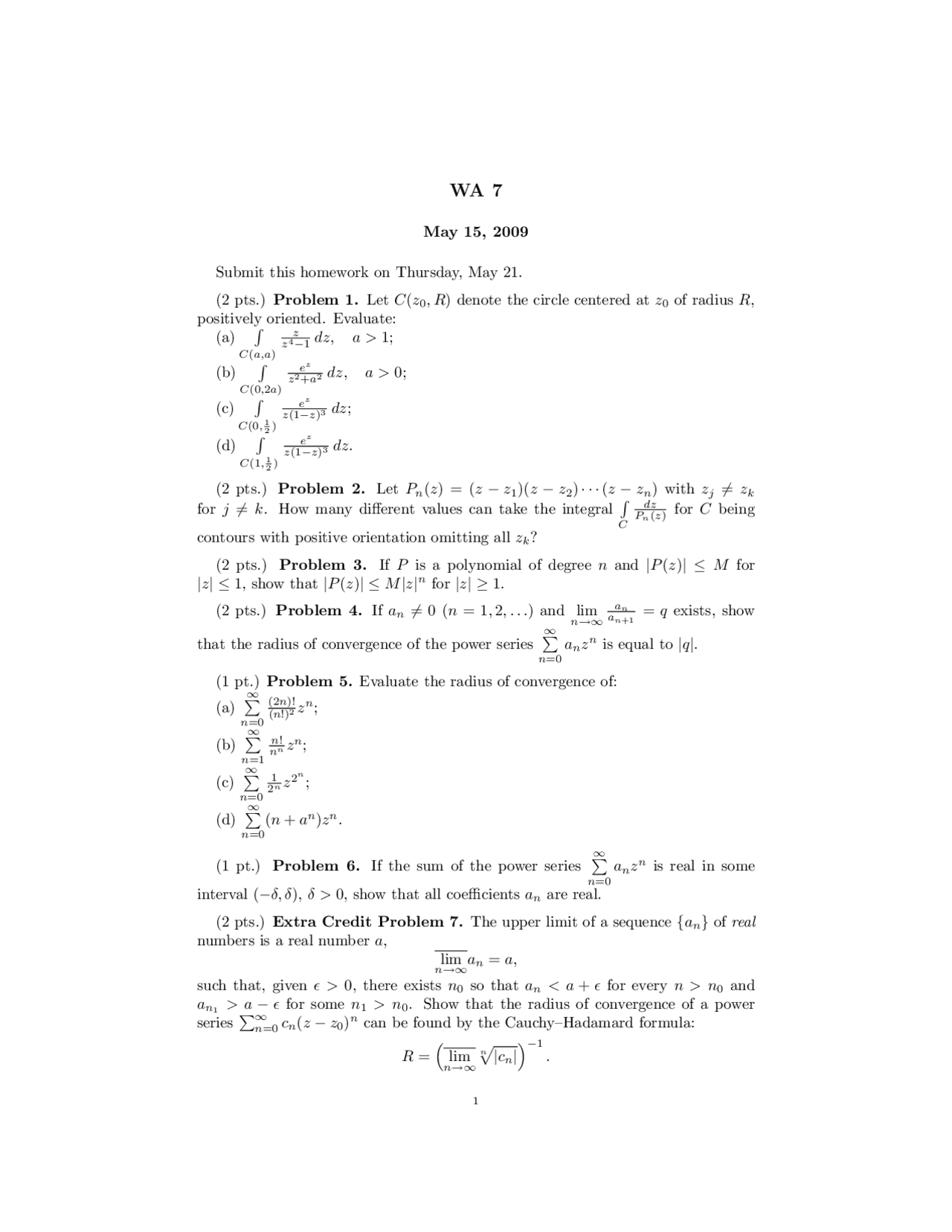 Assignment 7 Problems On Complex Variables I Math 630 Docsity
