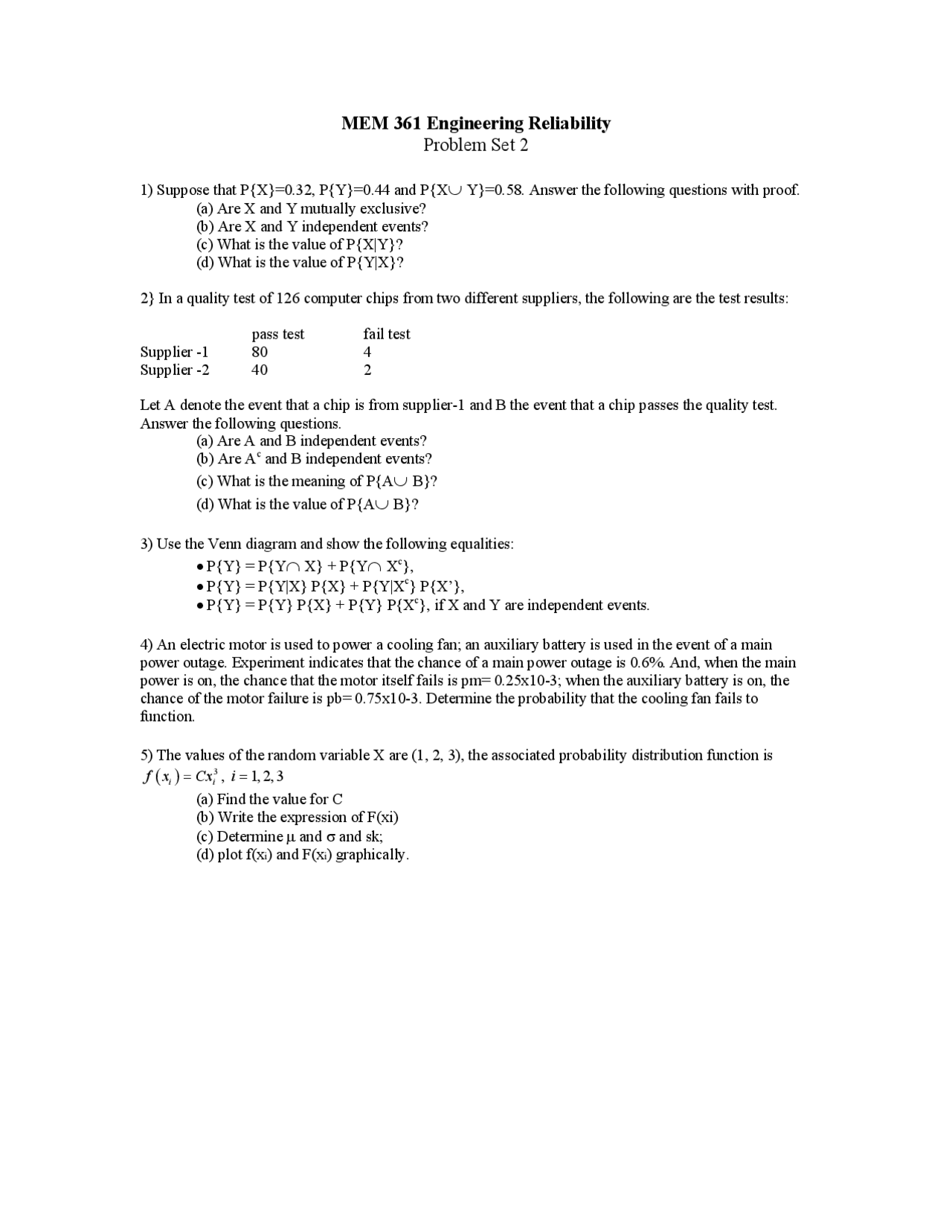 5 Questions On Engineering Reliability Problem Set 2 Mem 361 Docsity