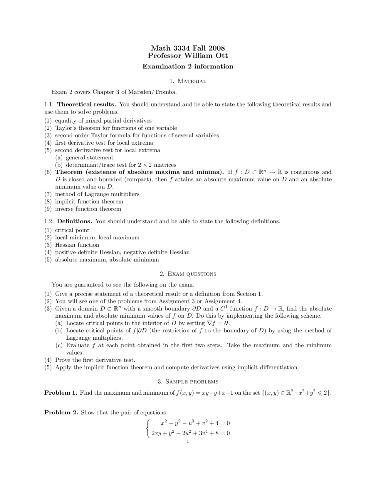 Examination 2 Information Notes Advanced Multivariable Calculus