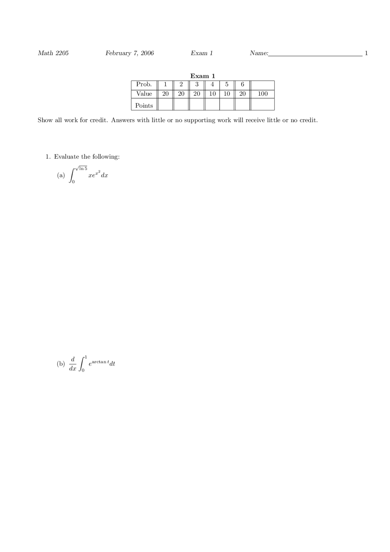 6 Questions For Examination 1 Calculus Ii Math 2205 Docsity
