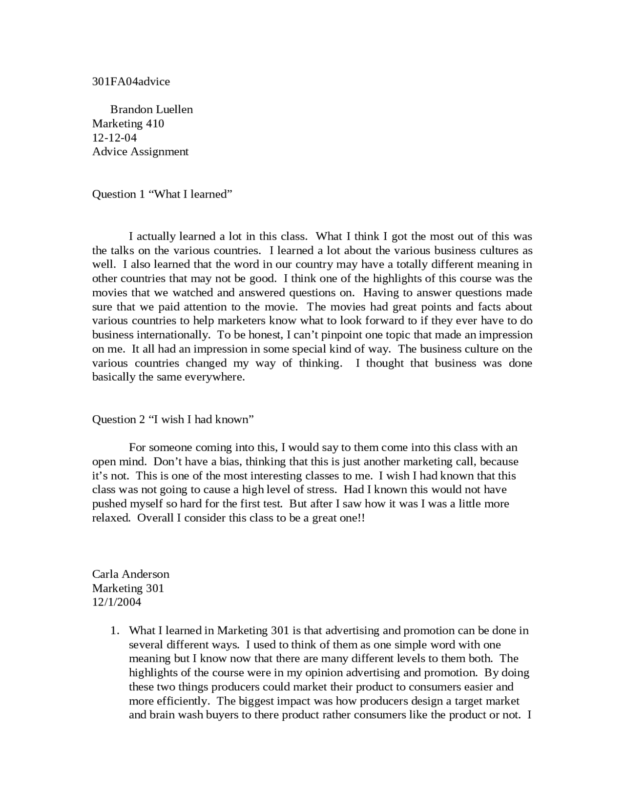Advice Assignment Principles Of Marketing Mktg 301 Docsity