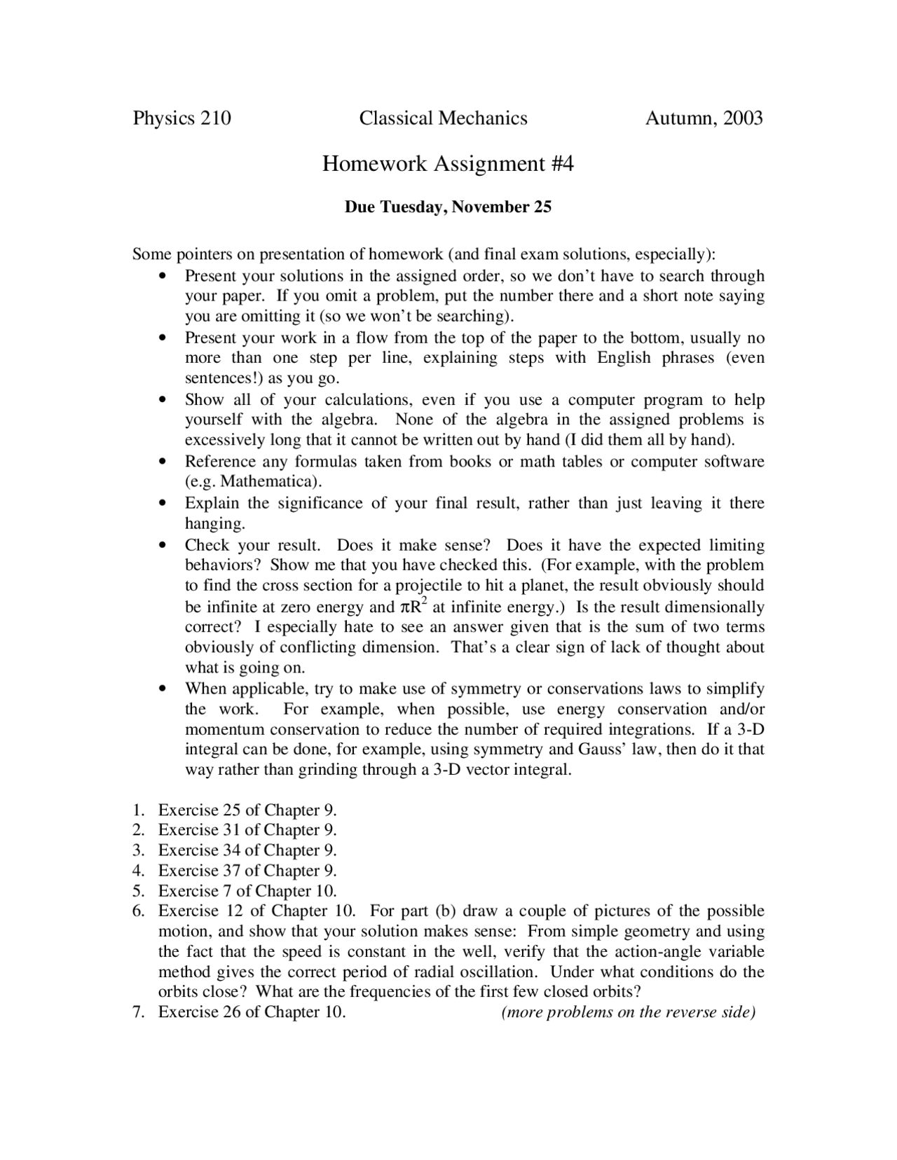 Homework Assignment 4 - Classical Mechanics - Fall 2003 | PHYS 210 - Docsity