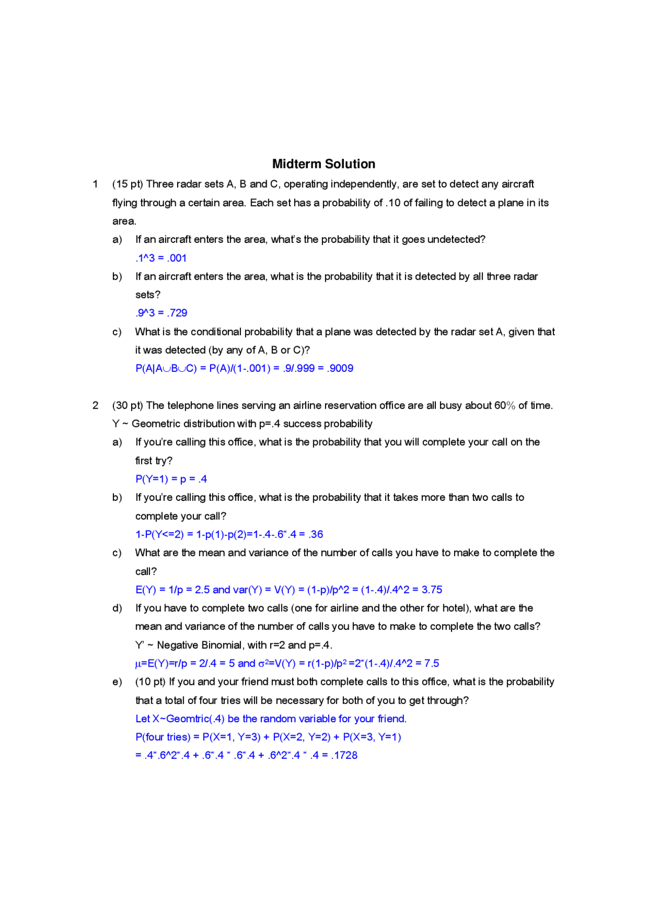 Midterm Exam with Solutions - Introduction to Probability and ...