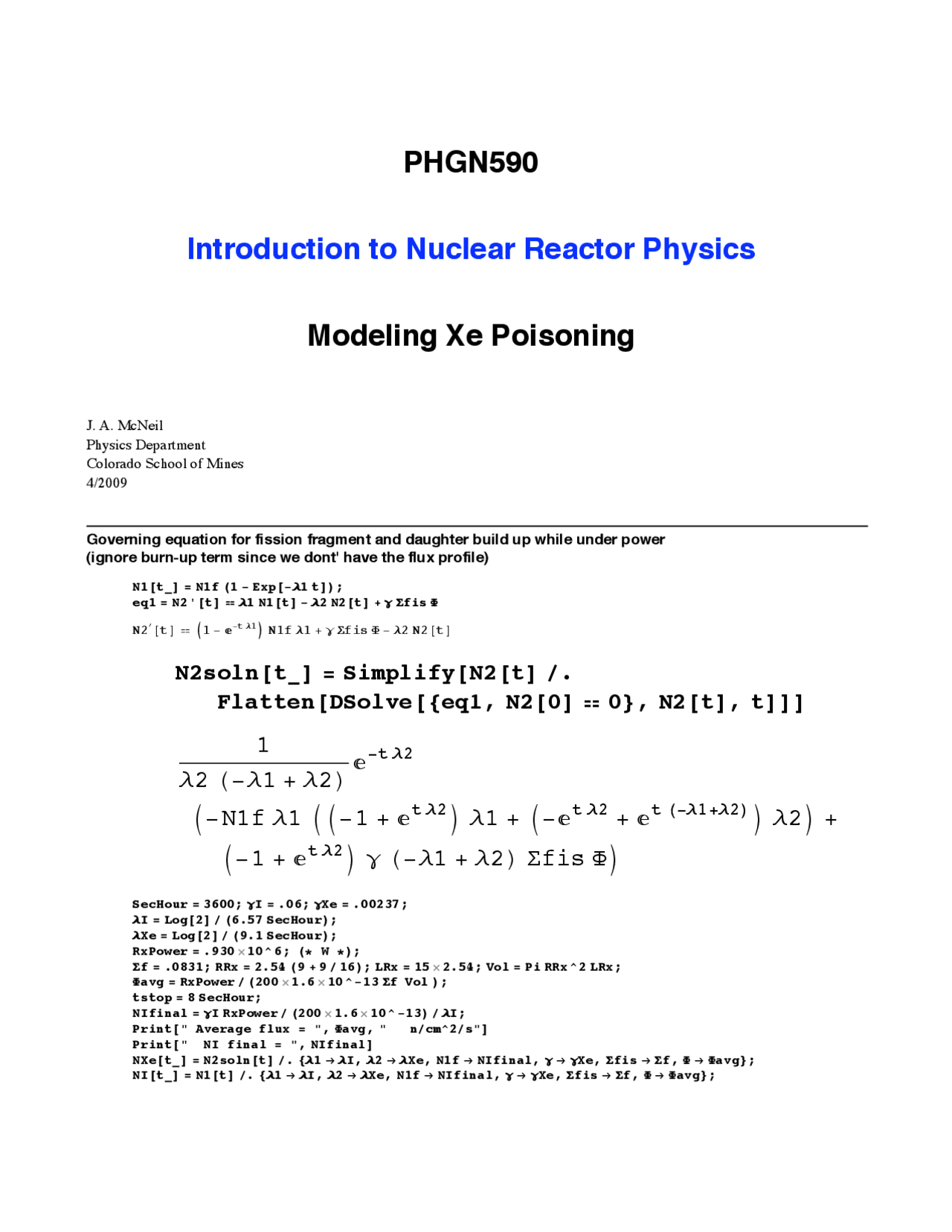 Modeling Xe Poisoning Lecture Notes Phgn 590 Docsity
