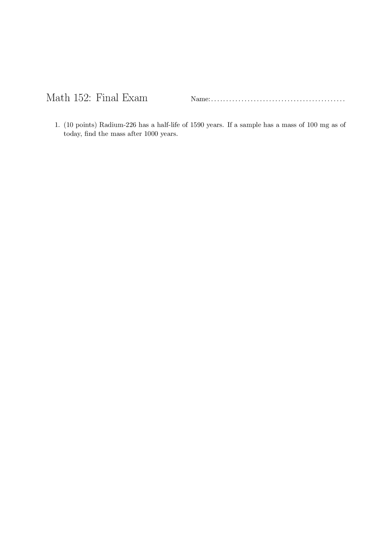 Final Examination Calculus Ii Math 152 Docsity
