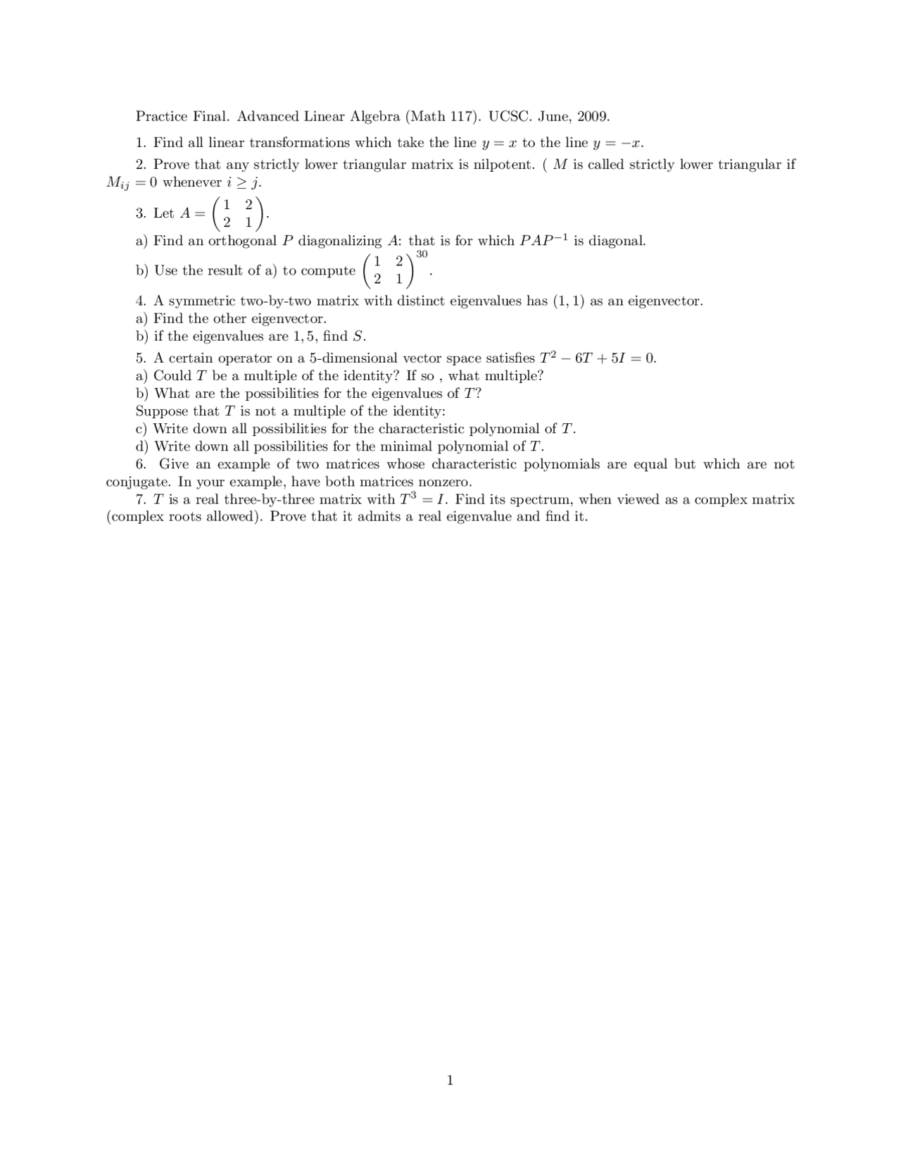 Practice Questions For Final Advanced Linear Algebra Math 117 Docsity