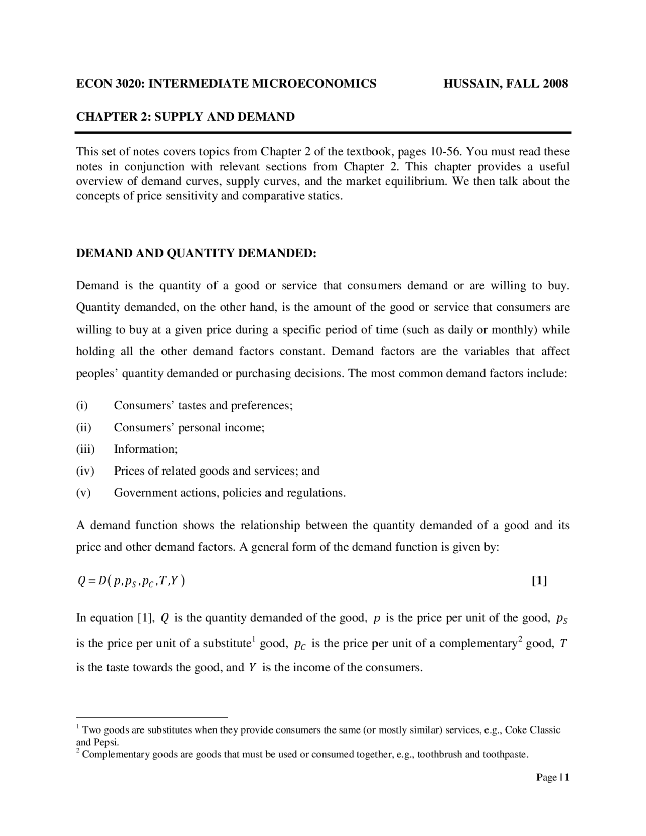Notes On Supply And Demand Intermediate Microeconomics Econ 3020