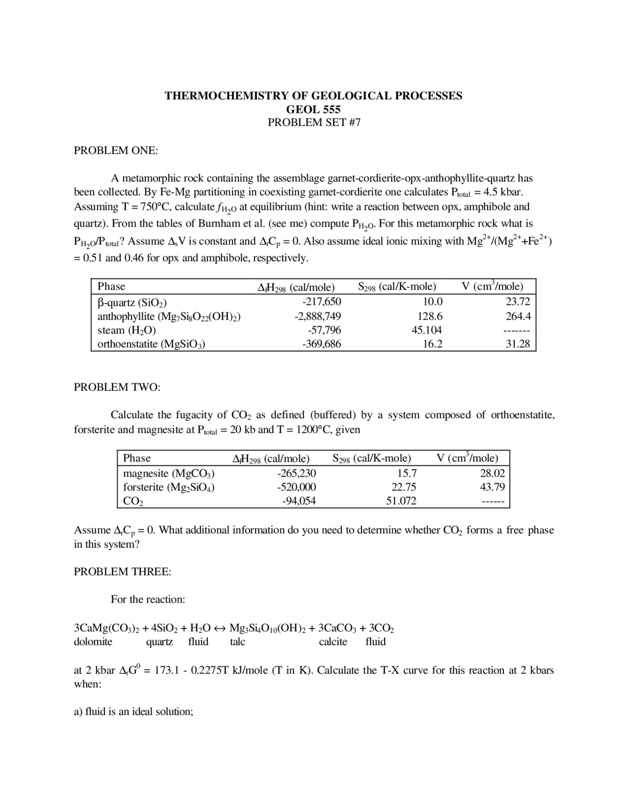 Thermochemistry Of Geological Processes Assignment 7 Geol 555 Docsity