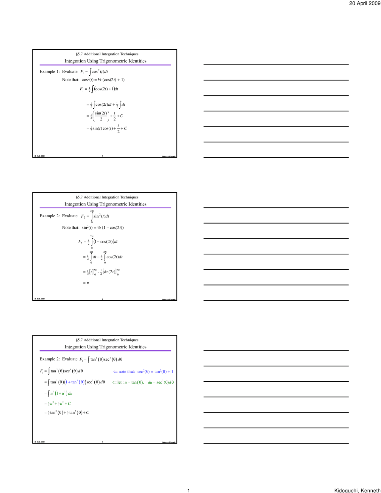 Integration Techniques using Trigonometric Identities | MTH 252 - Docsity