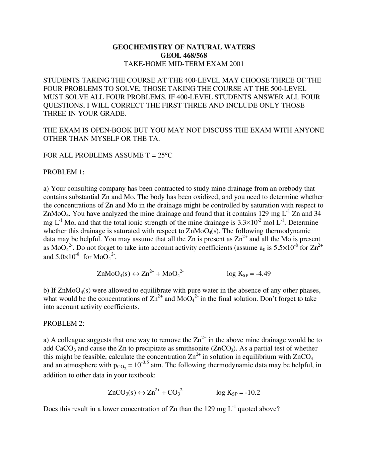 The Geochemistry Of Natural Waters Midterm Exam Geol 464 Docsity