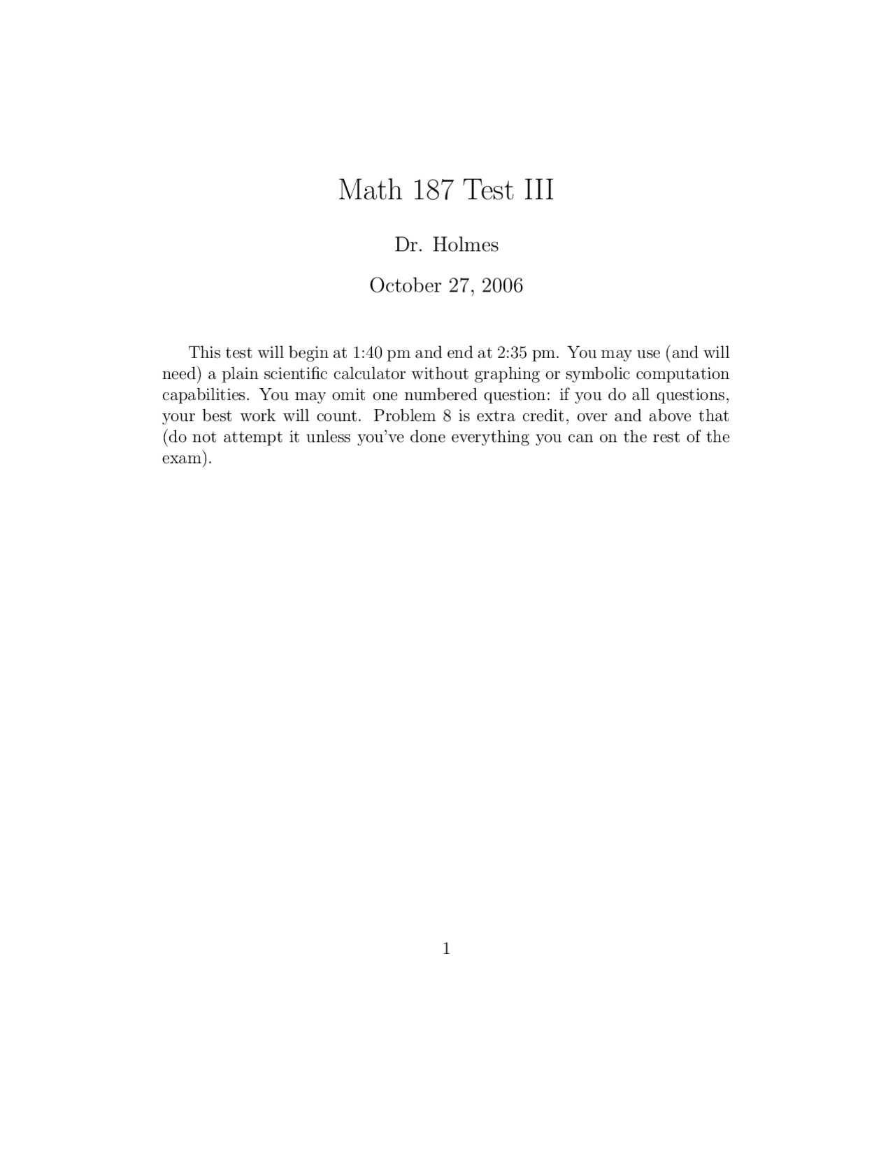 Exam 3 for Discrete and Foundational Mathematics I | MATH 187 | Exams Discrete Mathematics | Docsity