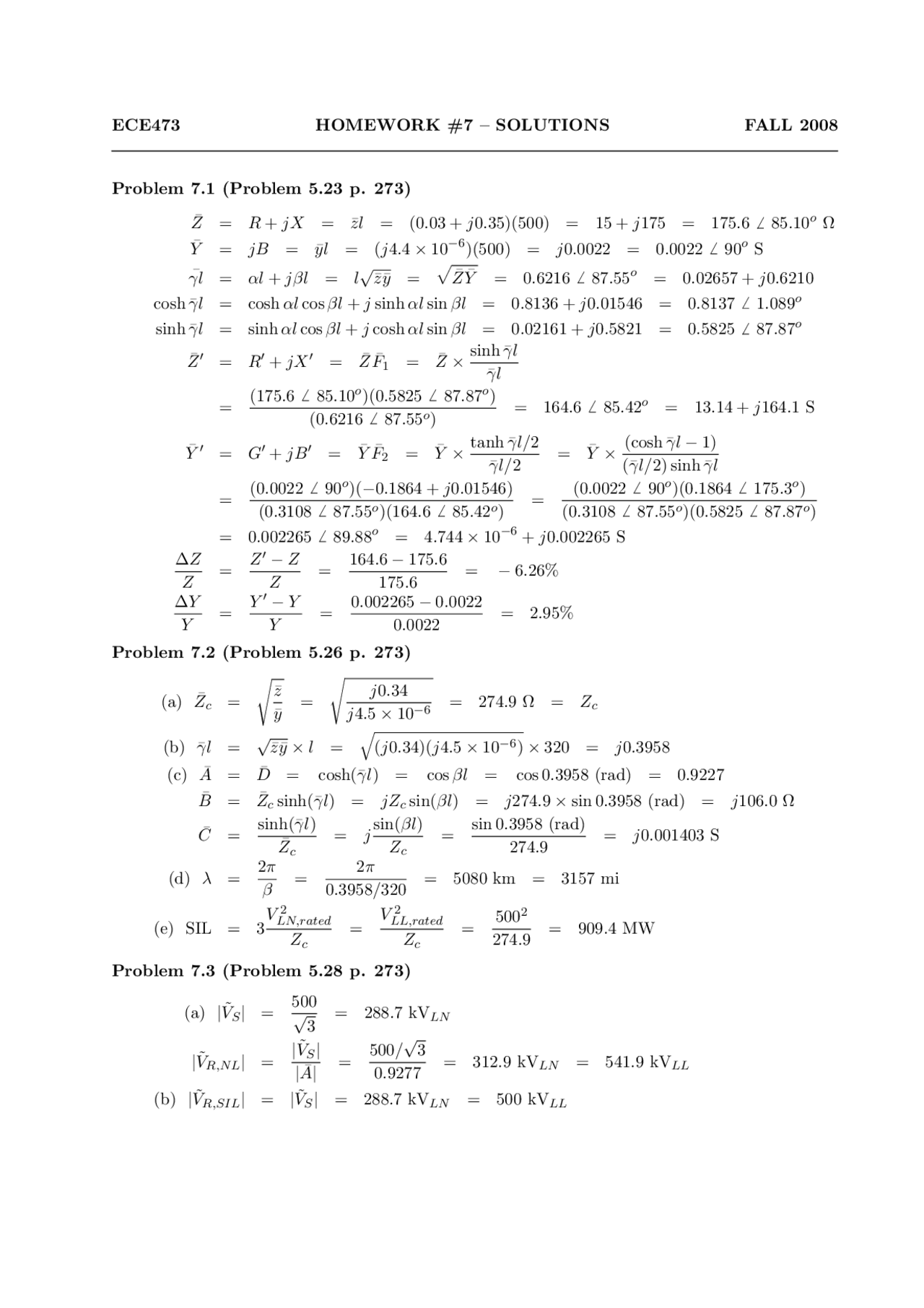 Resolution Of Homework 7 On Power System Analysis I Ece 473 Docsity