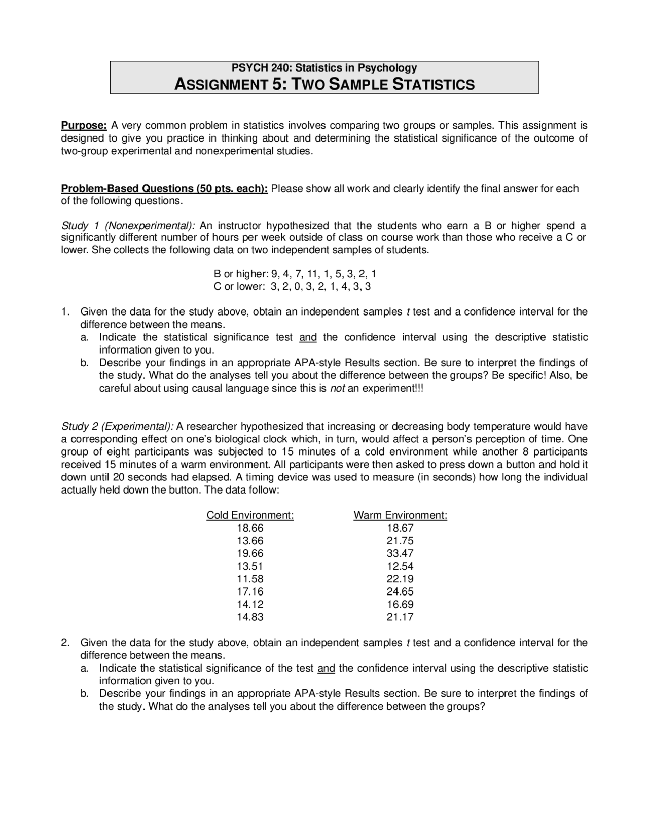 Two Sample Statistics Assignment 5 Psych 240 Docsity
