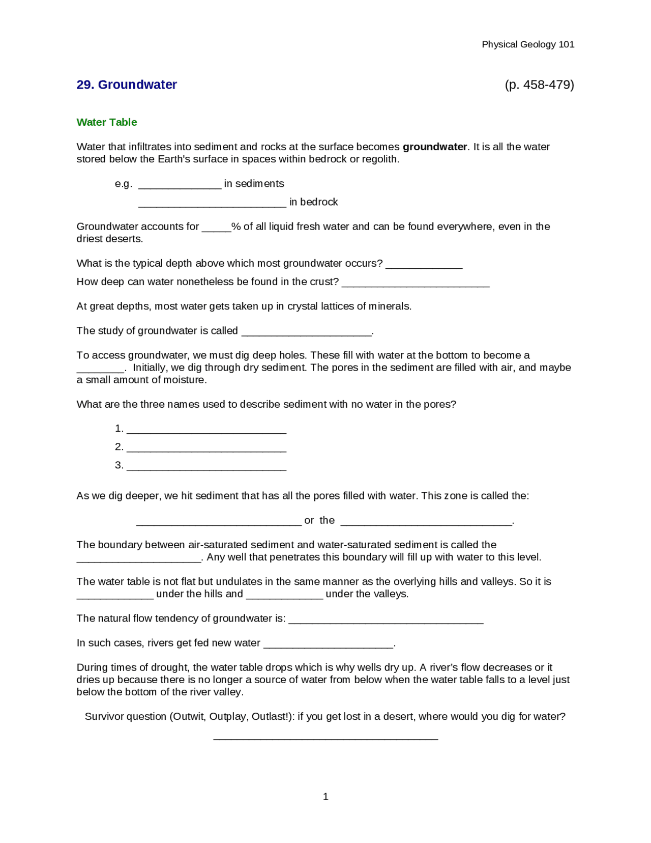 Ground Water Physical Geology Lecture Notes Geol 101 Docsity