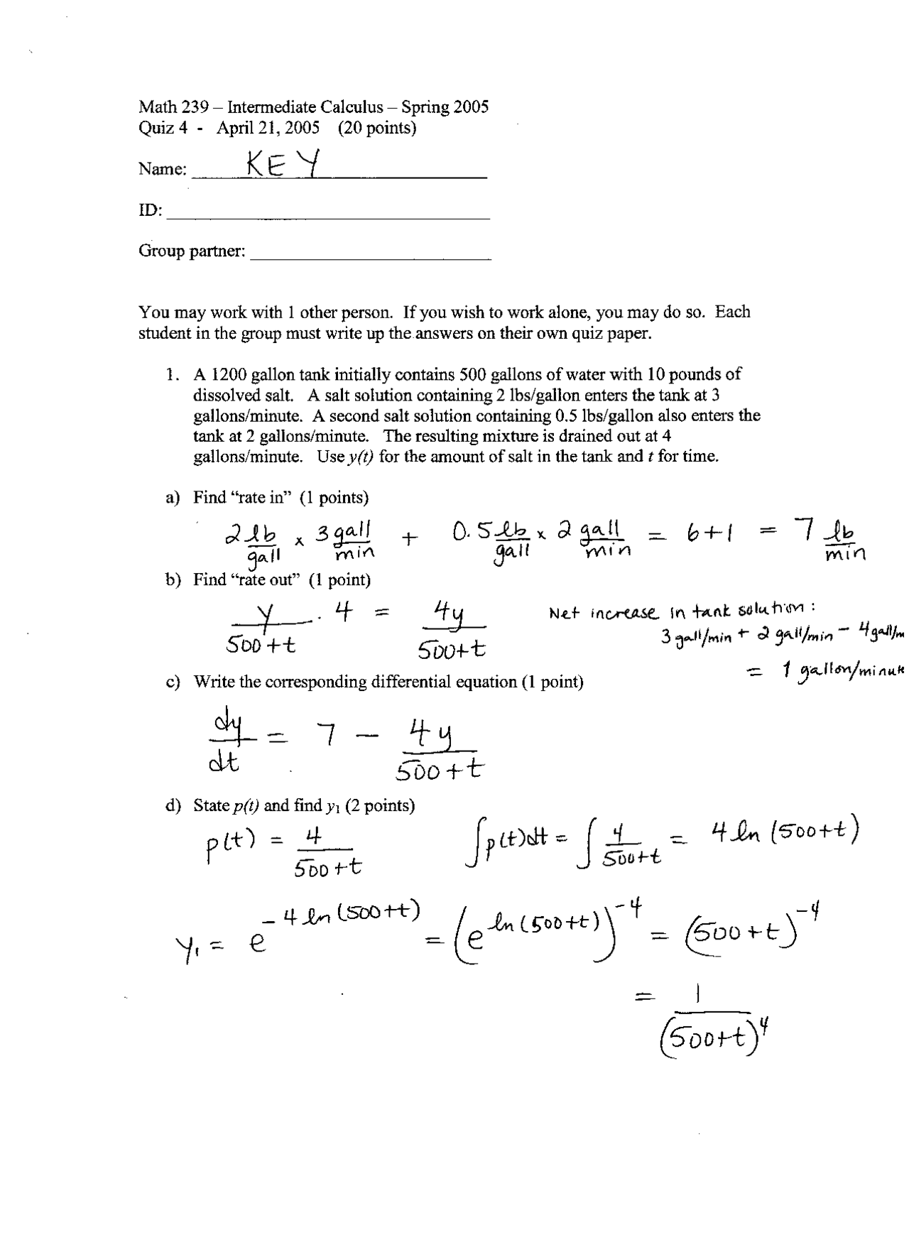 Mathematics For The Life Sciences Quiz 4 With Solution Math 239