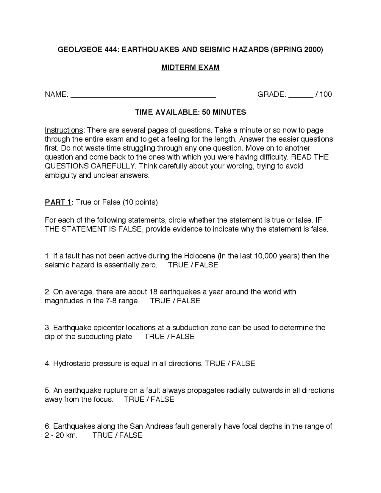Problems On Distribution Of The Earthquakes Exam Geol 344 Docsity