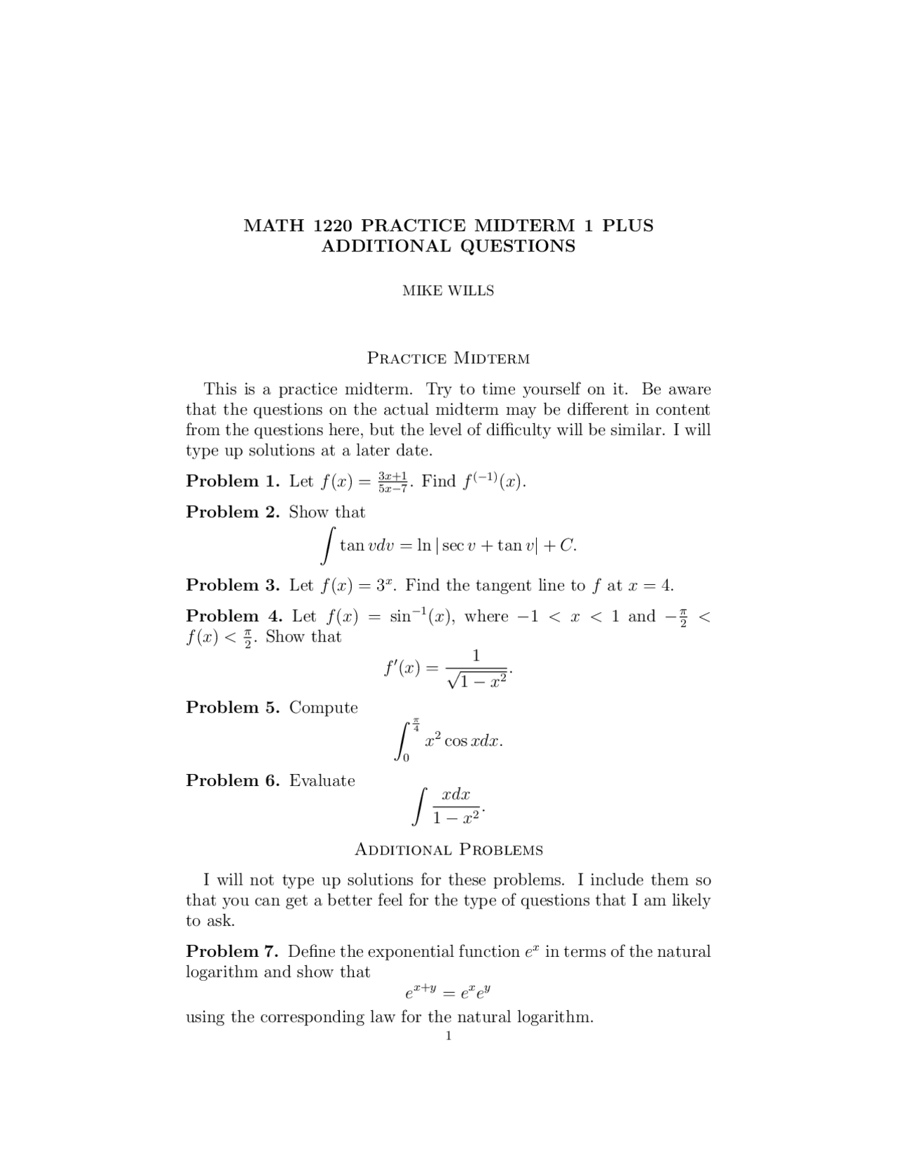 Practice Midterm Exam 1 Si Calculus Ii Math 1220 Docsity
