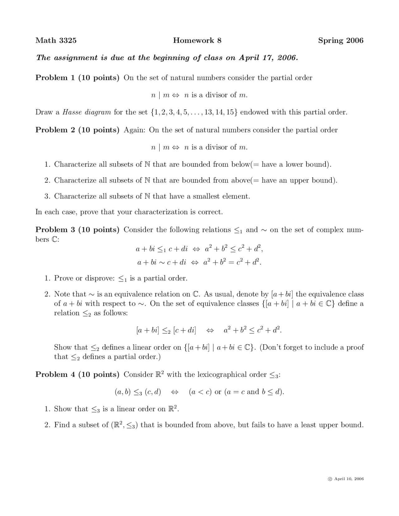 Homework 8 Principles Of Mathematics Spring 2006 Math 3325 Docsity