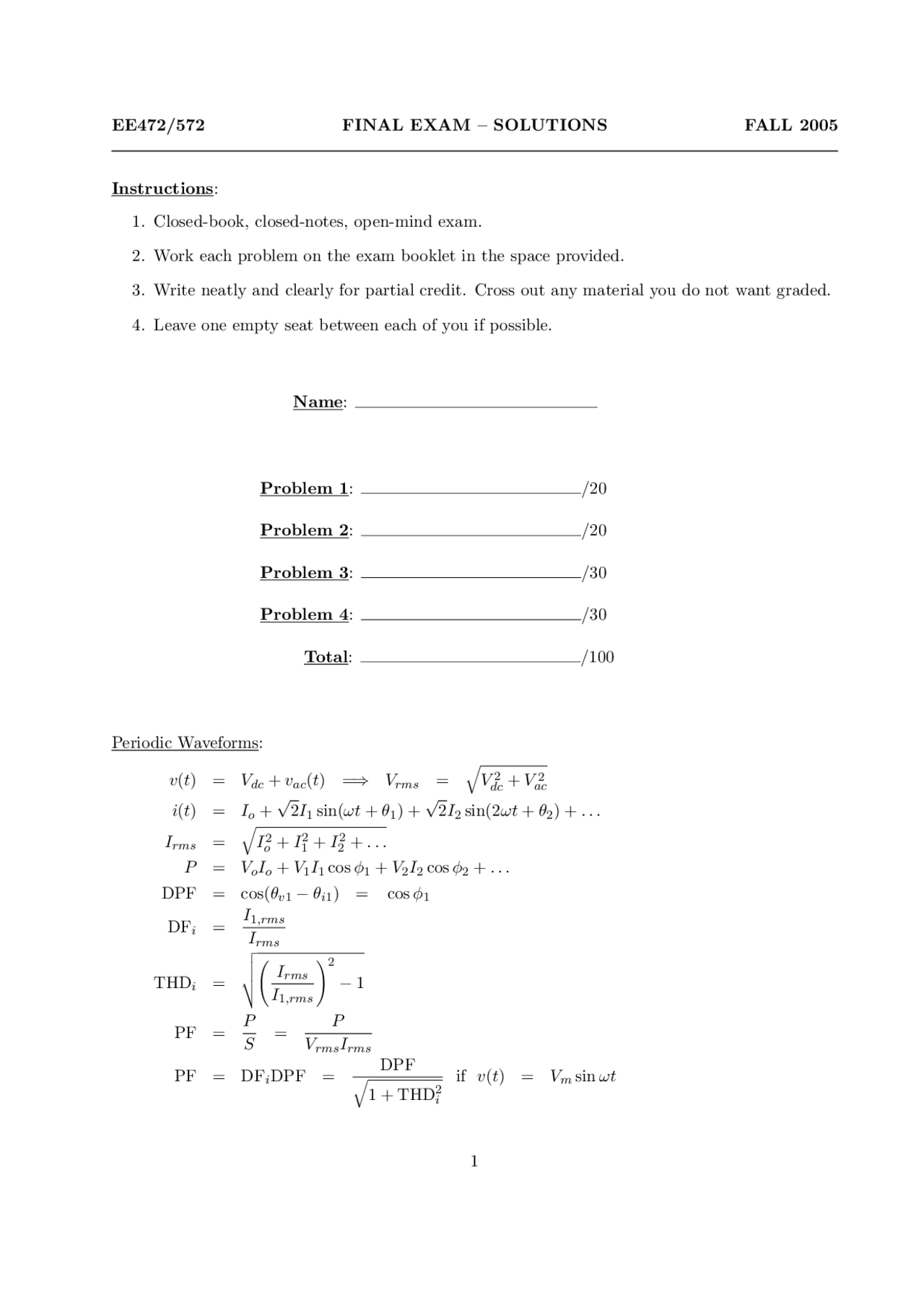 Final Exam With Solution Power Electronics Ece 472 Docsity