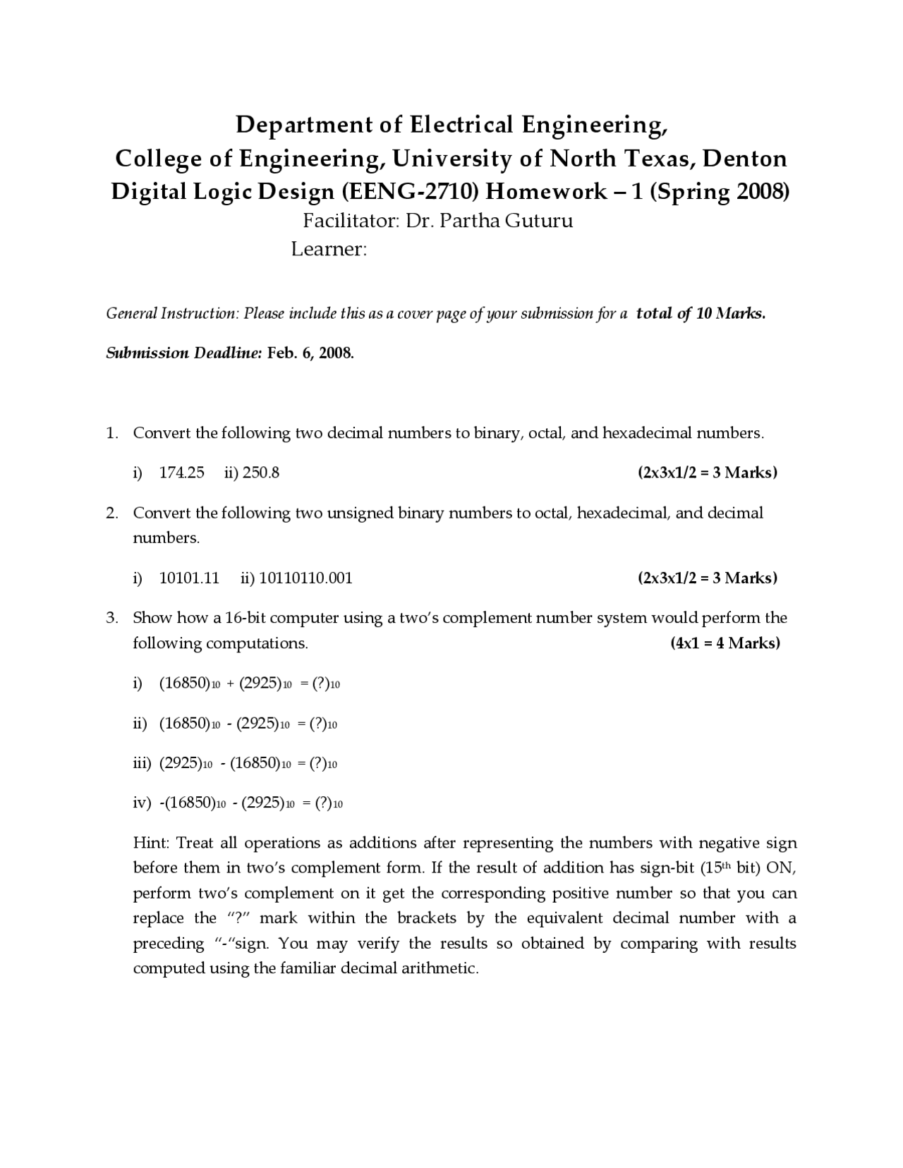 Assignment 1 For Digital Logic Design Spring 2008 Eeng 2710 Docsity