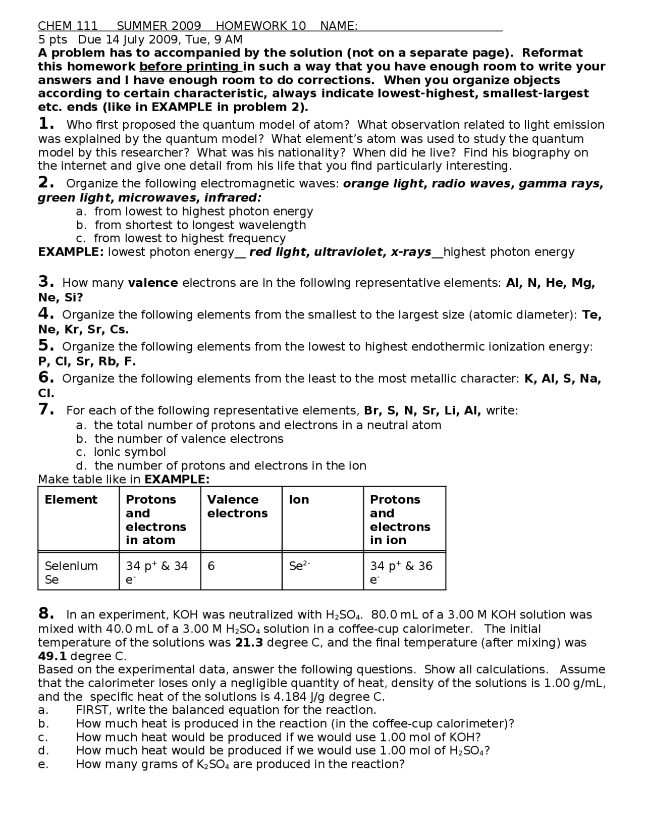 Elements Of General Chemistry Assignment 10 Chem 111 Docsity