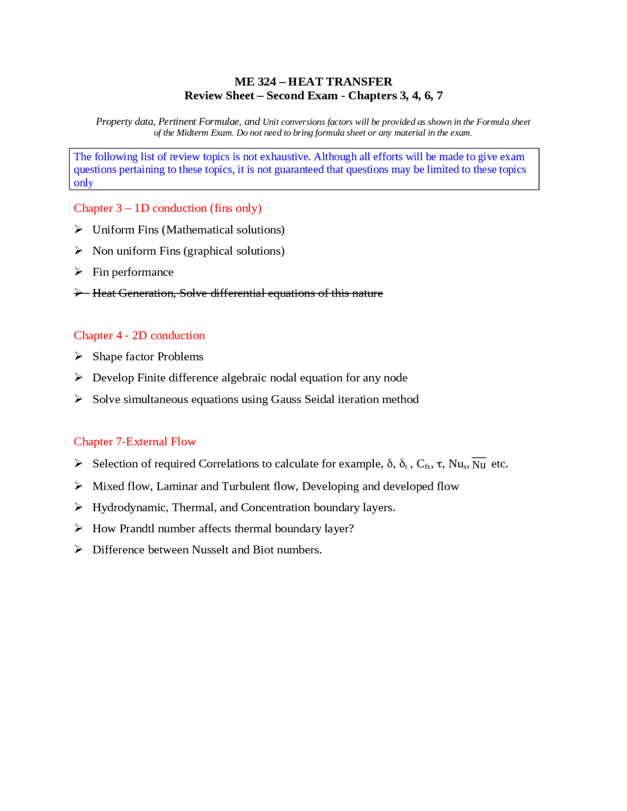 Second Exam Review Sheet - Heat Transfer | ME 324 - Docsity