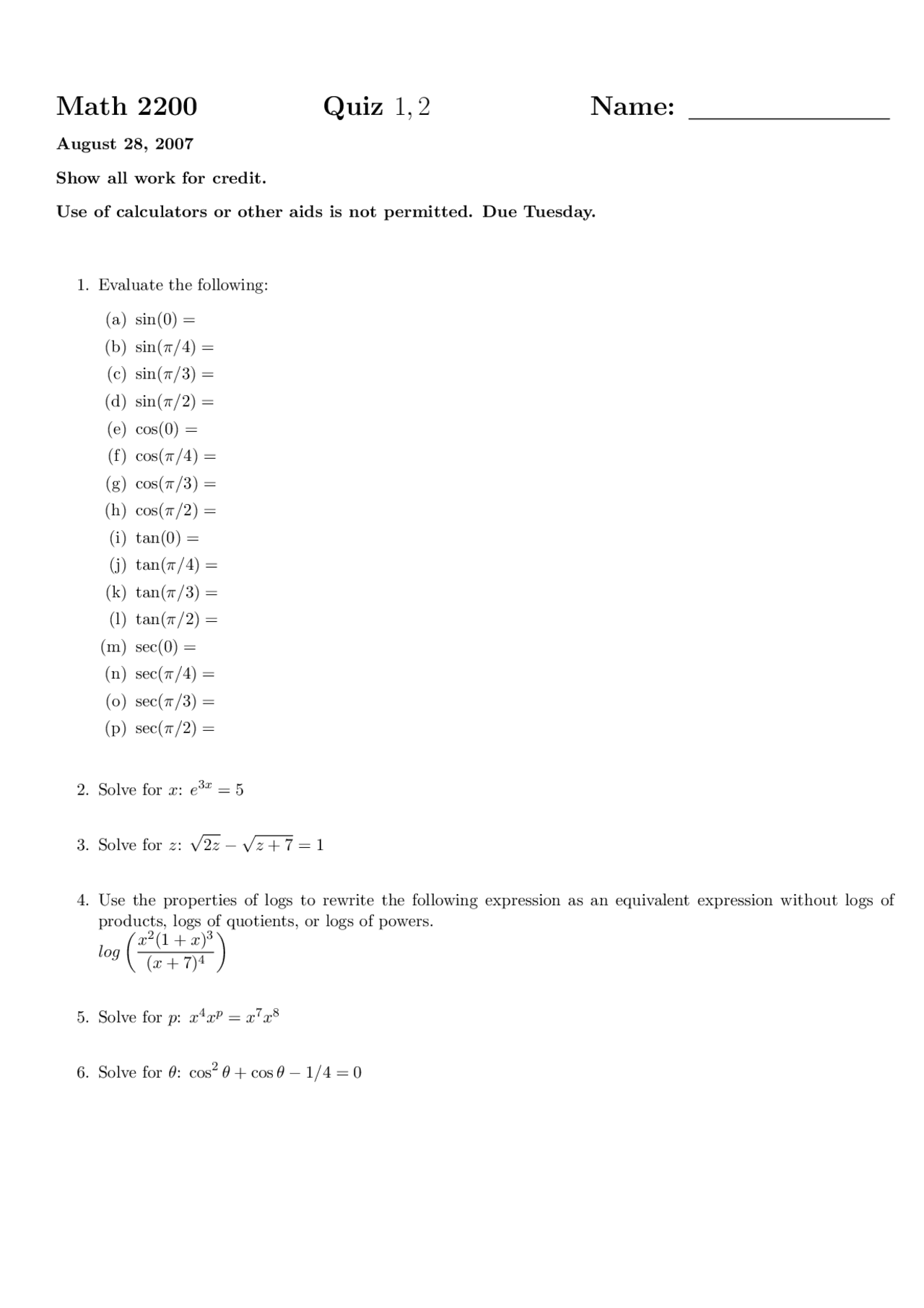 Quizzes For Calculus I Fall 2007 Math 2200 Docsity