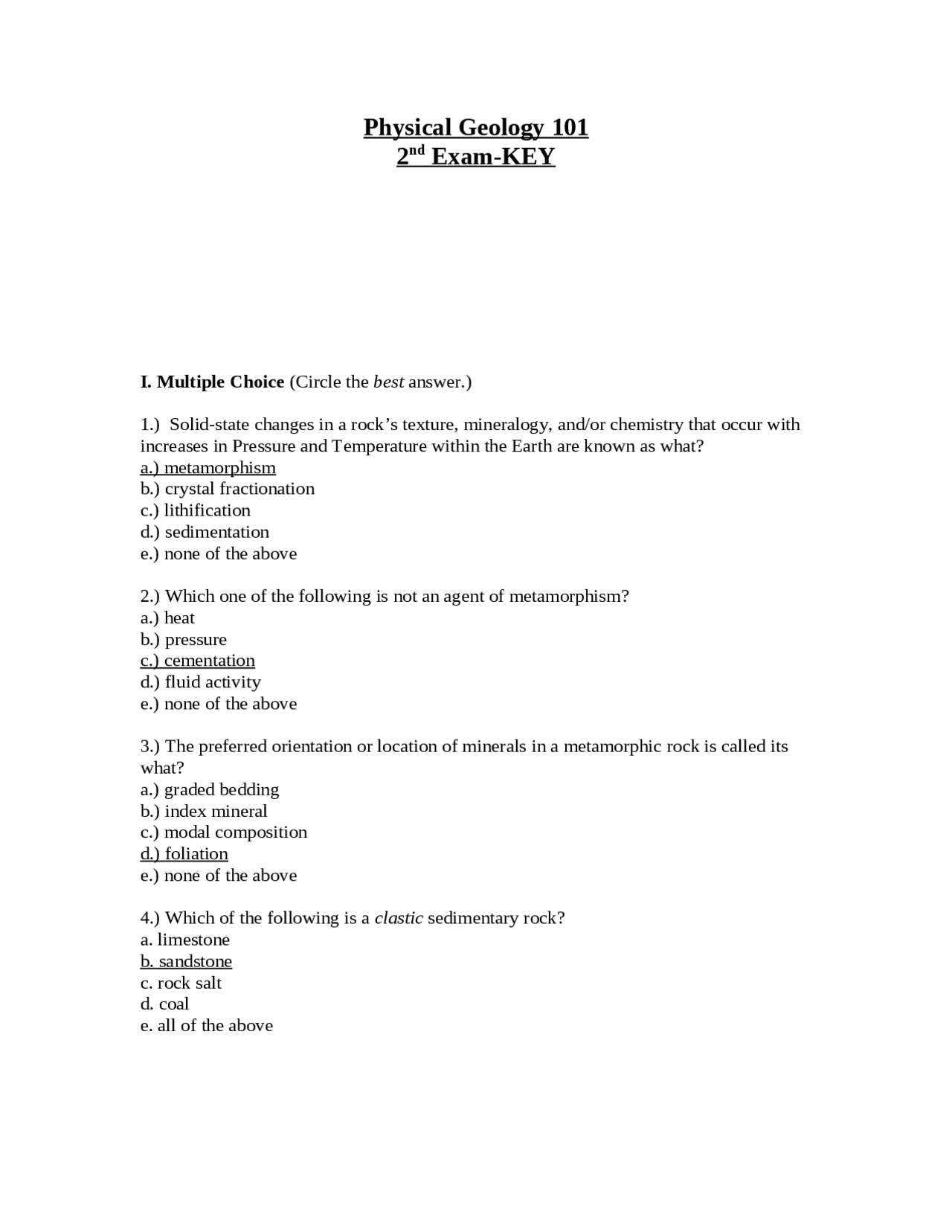 50 Multiple Choice Questions Exam Physical Geology Geol 101 Exams