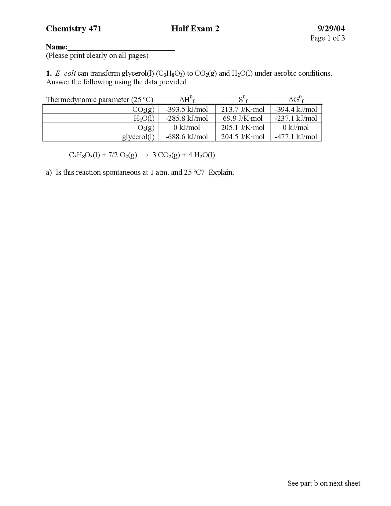 2 Solved Problems on the Thermodynamic Parameter - Exam 2 | CHEM 471 ...