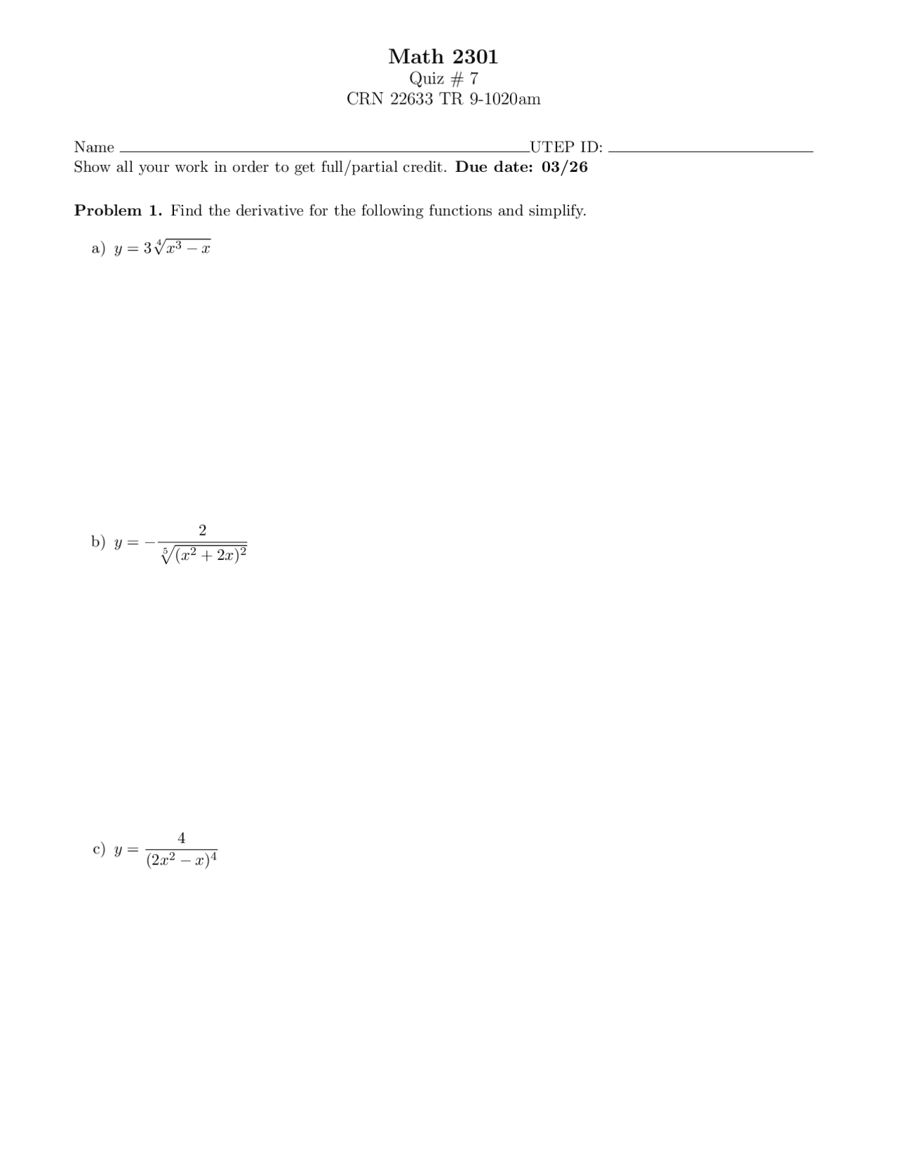 Find Derivative For Following Functions Quiz 7 Math 2301 Docsity
