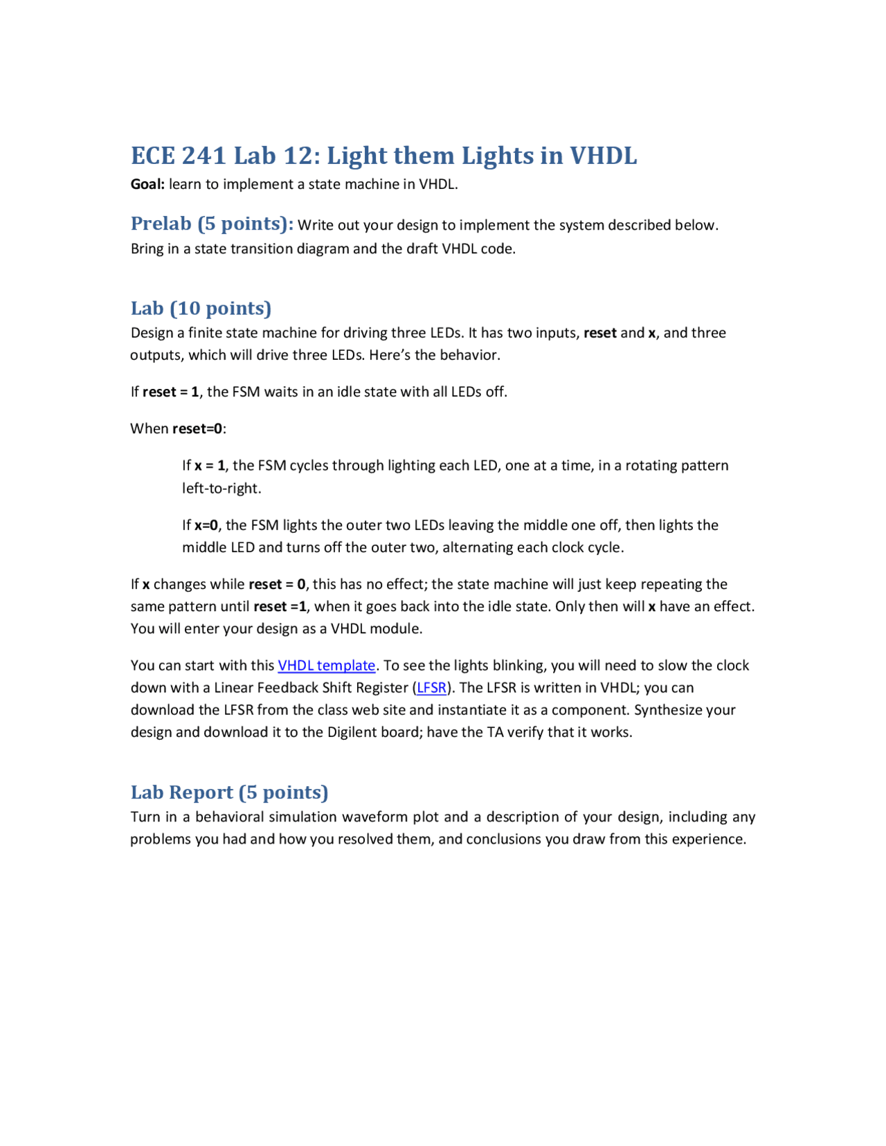 Light Them Lights In Vhdl In Logic Circuits Lab Ece 241 Docsity