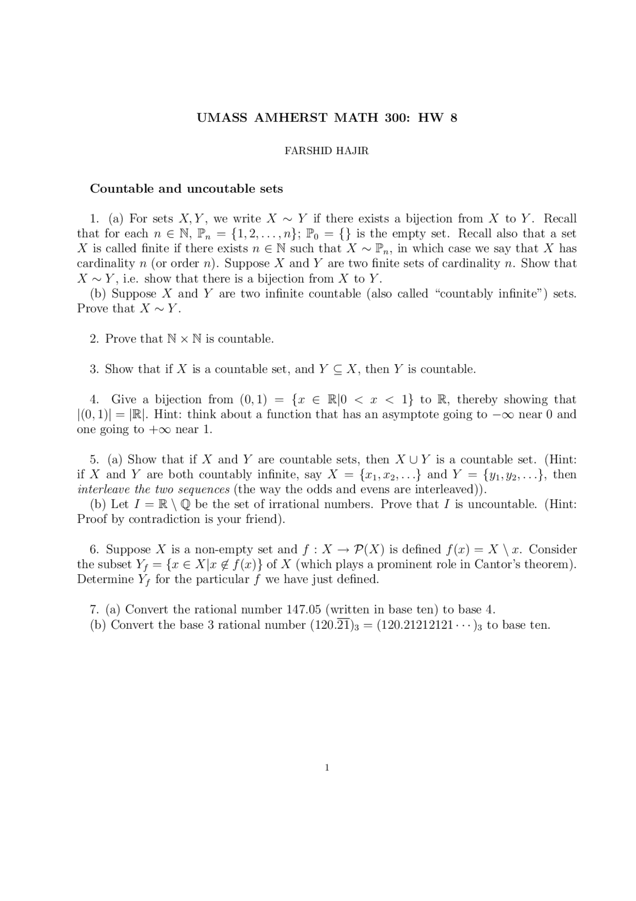 UMASS Amherst Math 300 Homework 8: Countable and Uncountable Sets ...