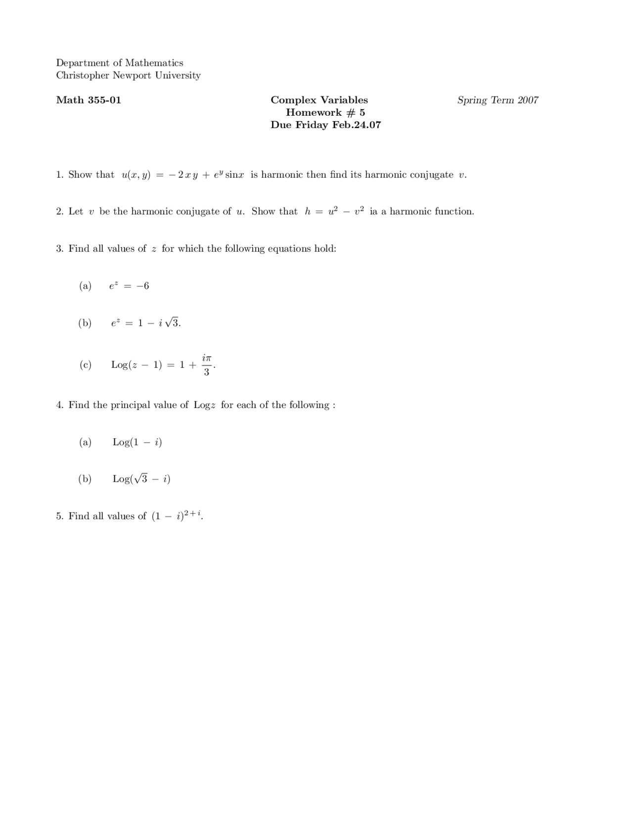 Homework 5 Questions Complex Variables Math 355 Docsity
