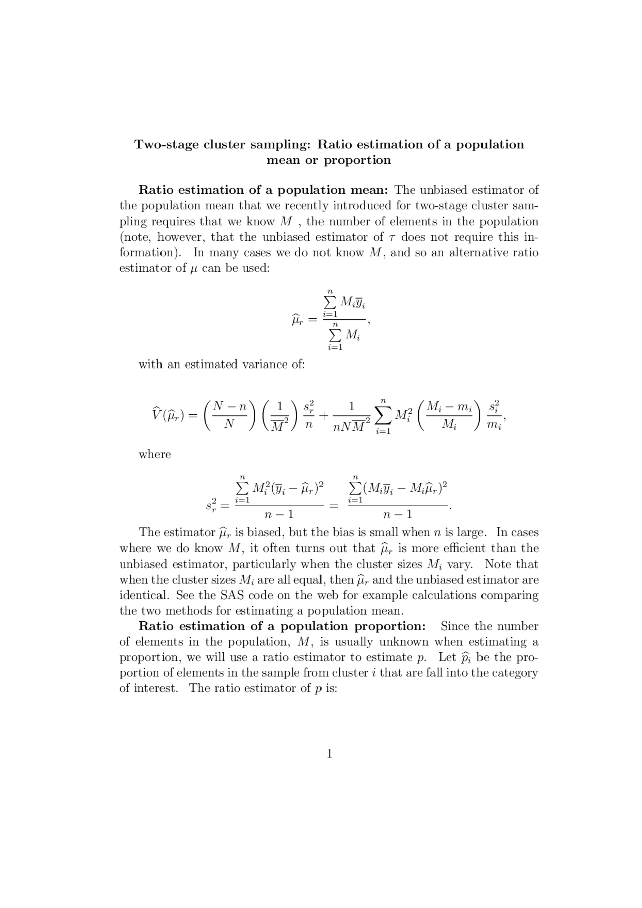 Two Stage Cluster Sampling Ratio Estimation Of A Population Mean Or Proportion Stat 422 Docsity