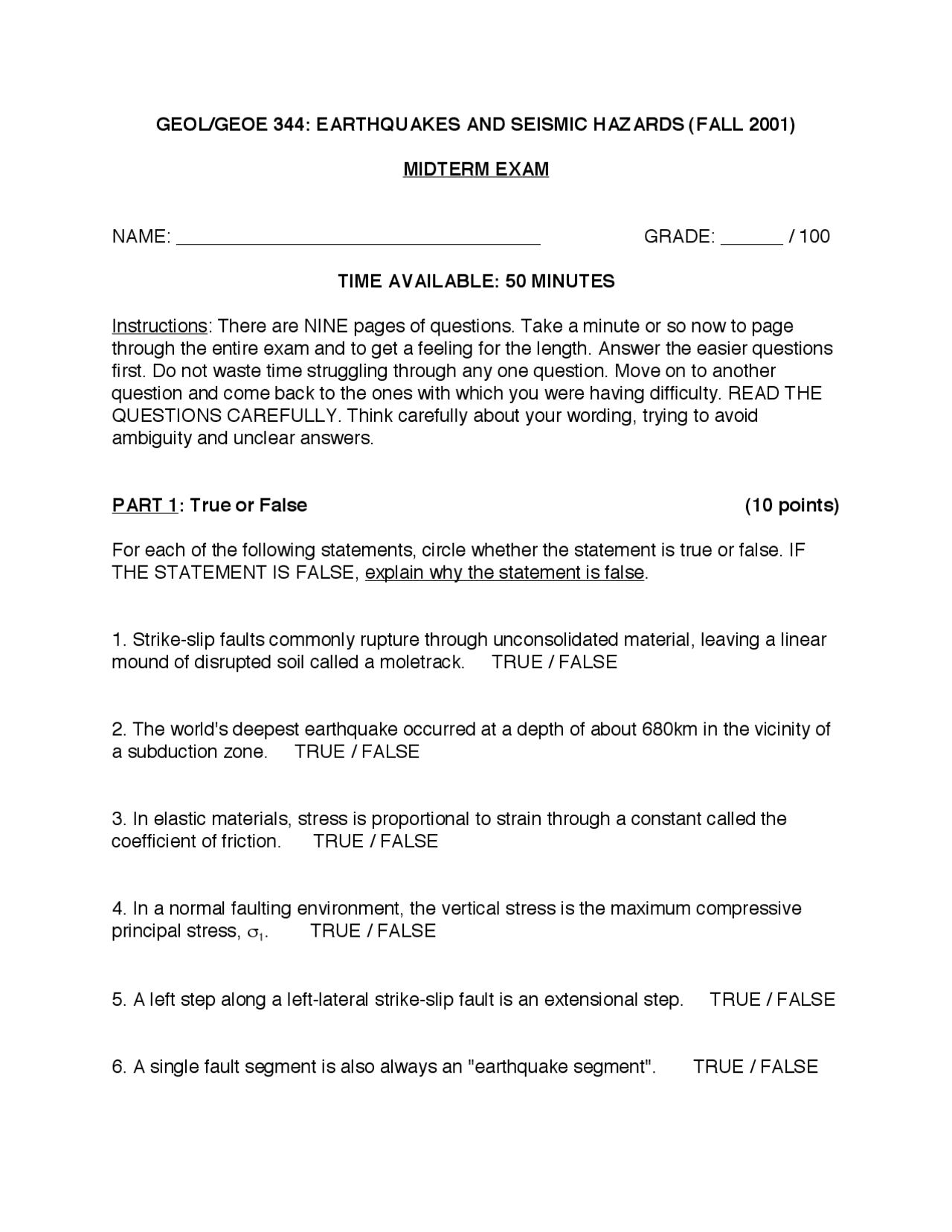 Solved Mcqs On Earthquakes Segment In Geology Midterm Examination