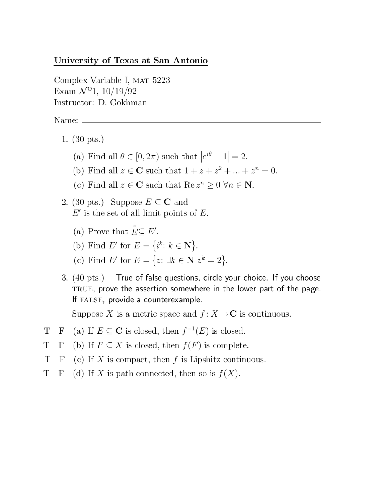 Final Exam - Complex Variable I | MAT 5223 | Exams Mathematics | Docsity