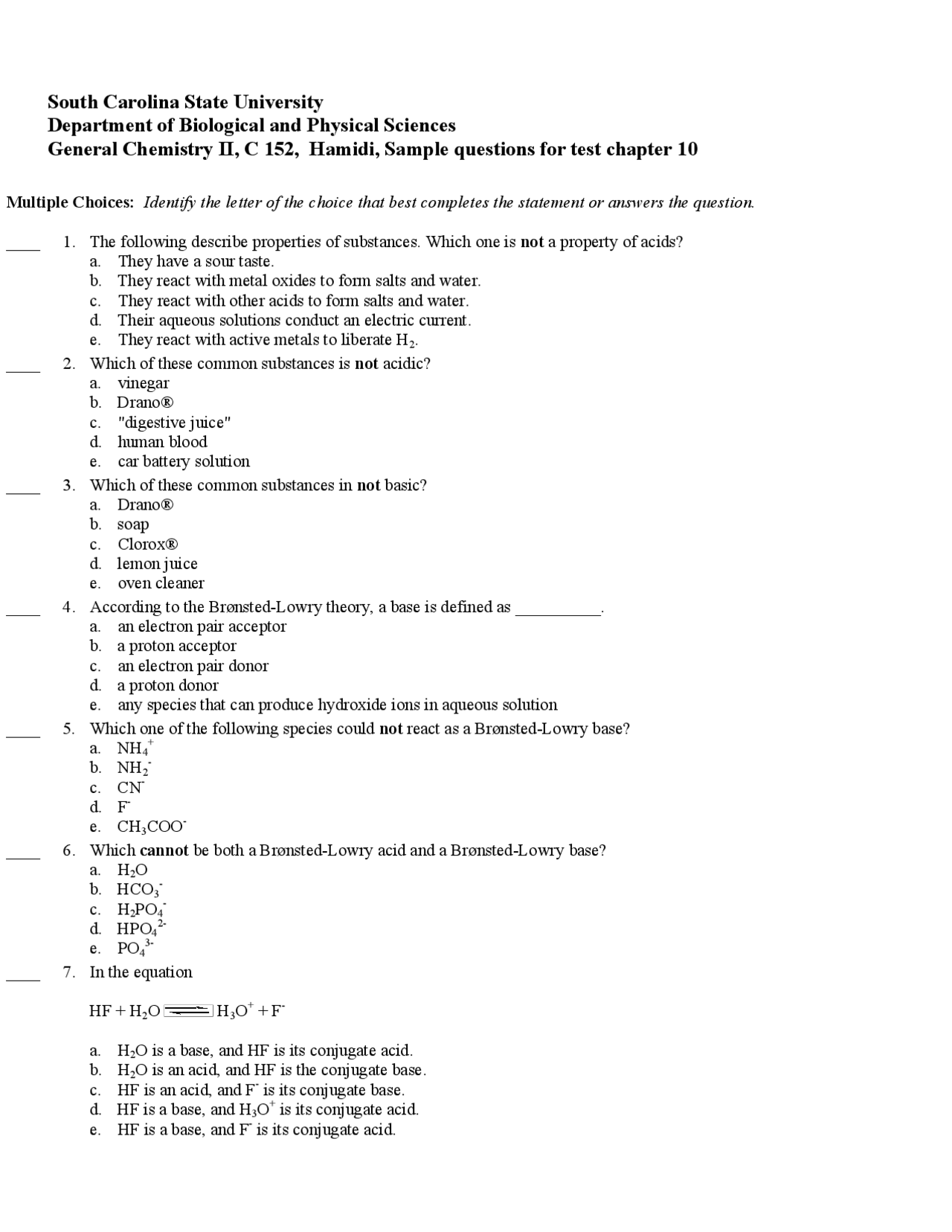 Practice Exam With Multiple Choice Questions General Chemistry Ii C