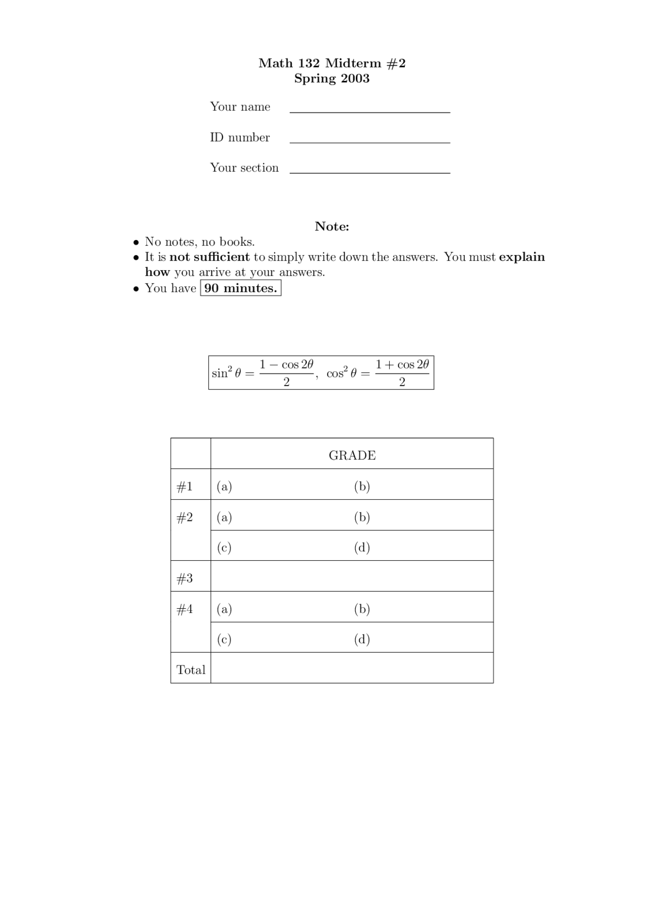 Unsolved Midterm Exam 2 Calculus Ii Math 132 Docsity