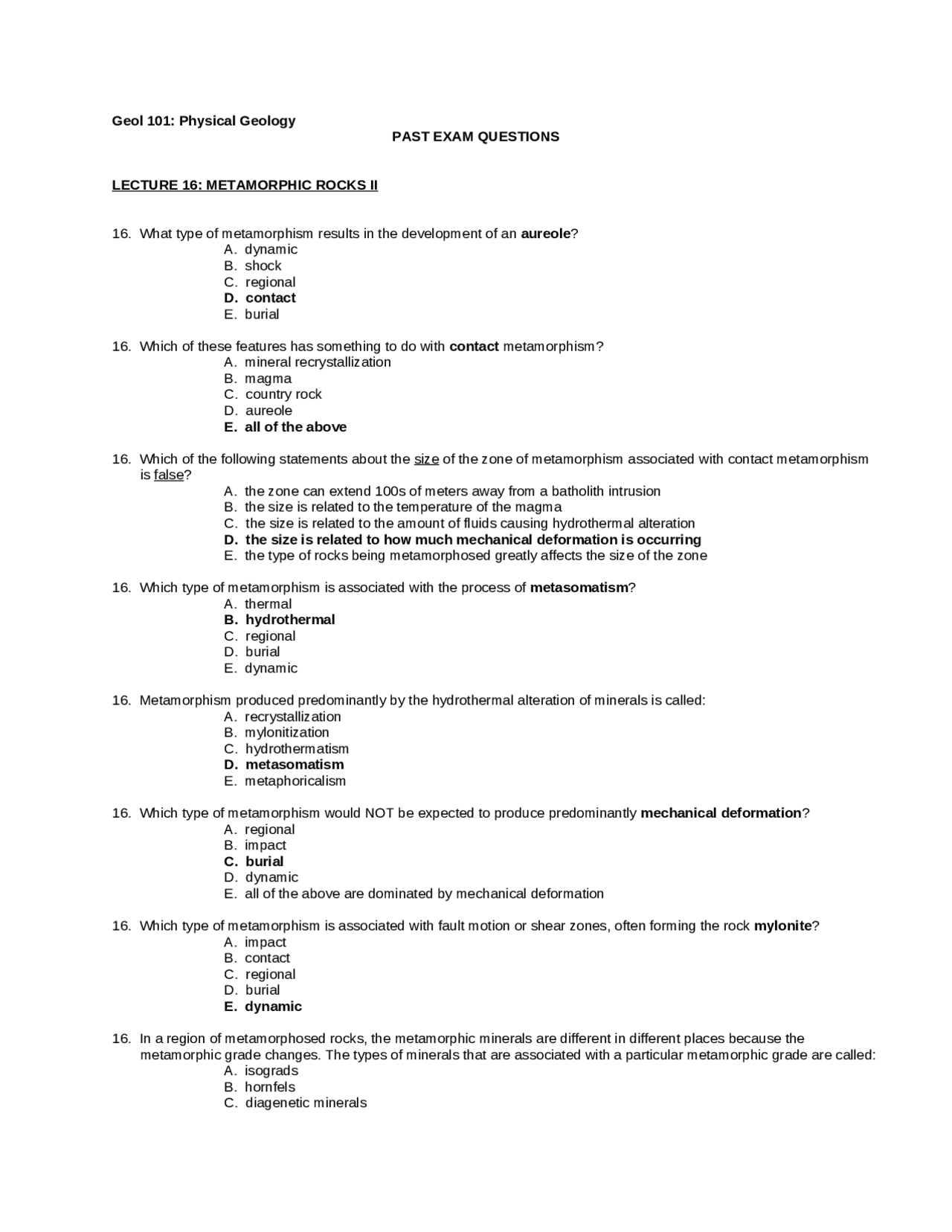 Solved Past Exam For Physical Geology Geol 101 Docsity