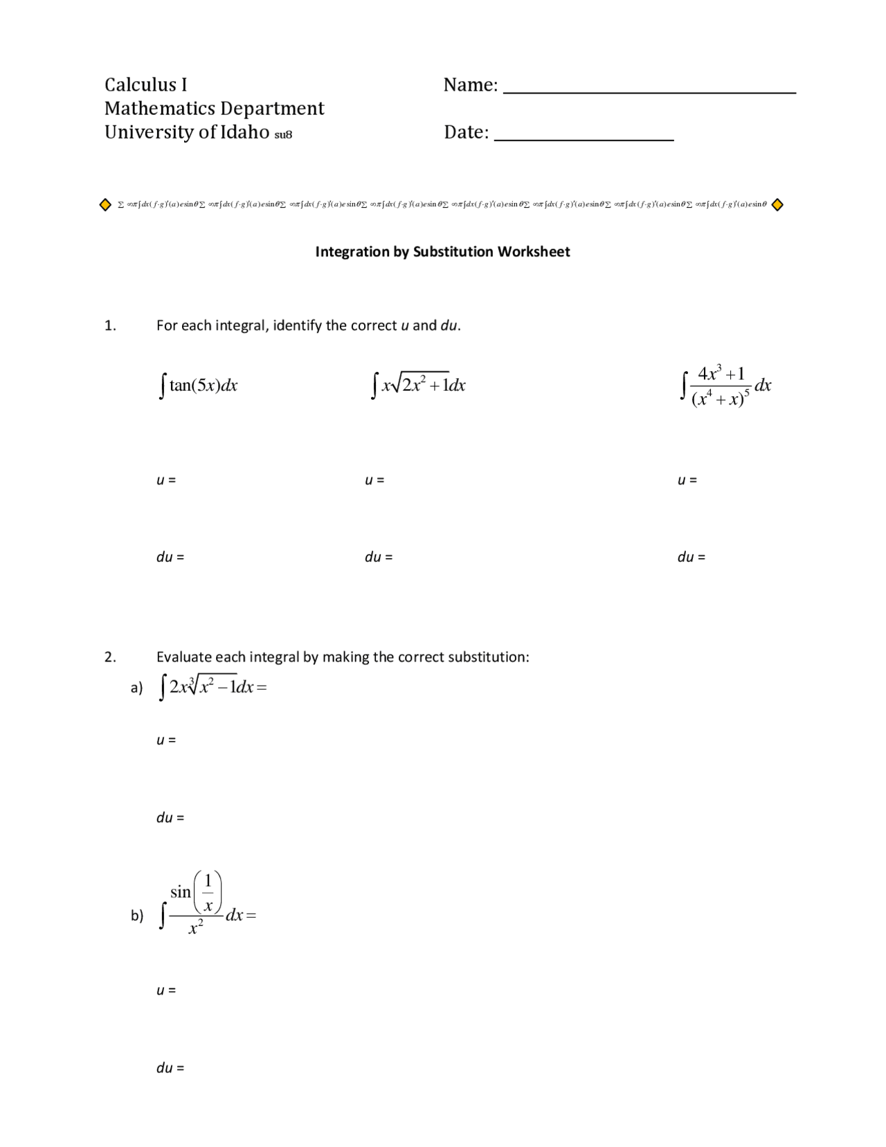Integration By Substitution Worksheet Math 170 Docsity