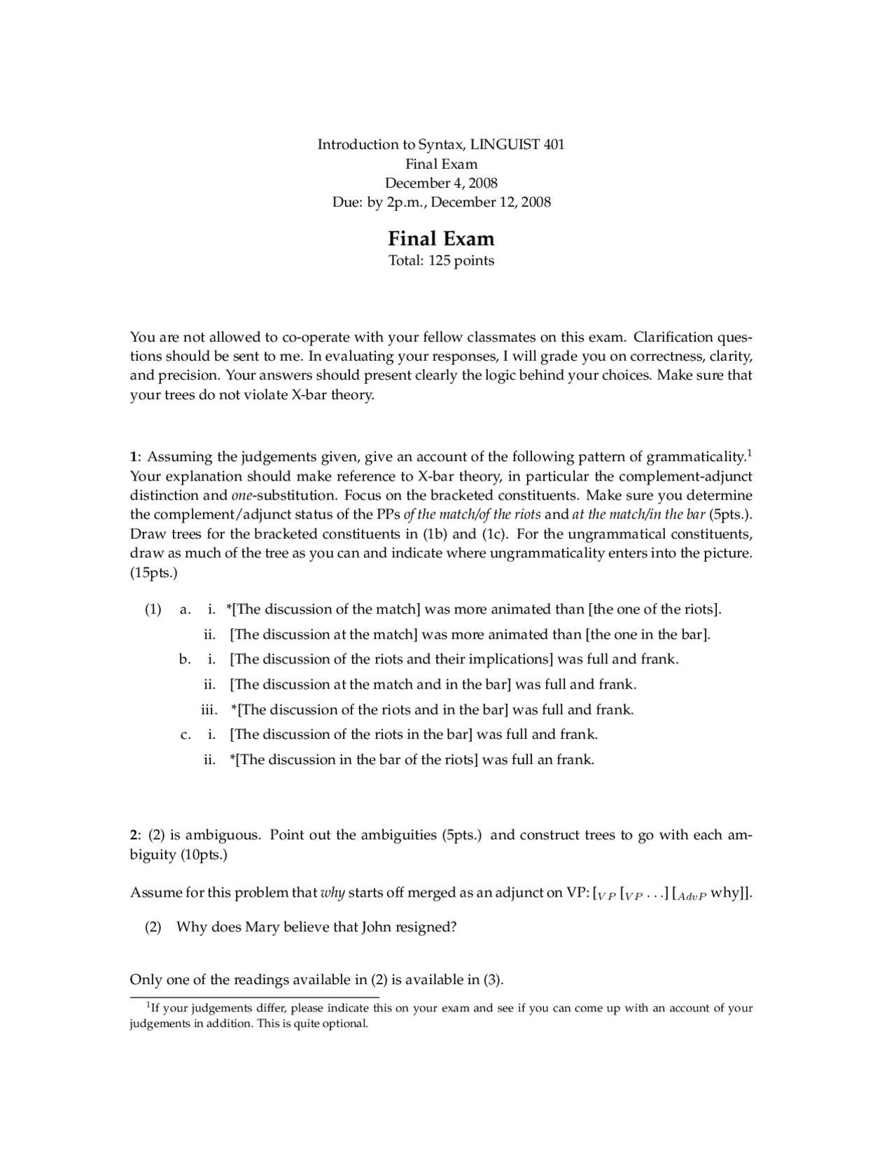 10 Questions Final Exam Introduction To Syntax Linguist 401 Docsity