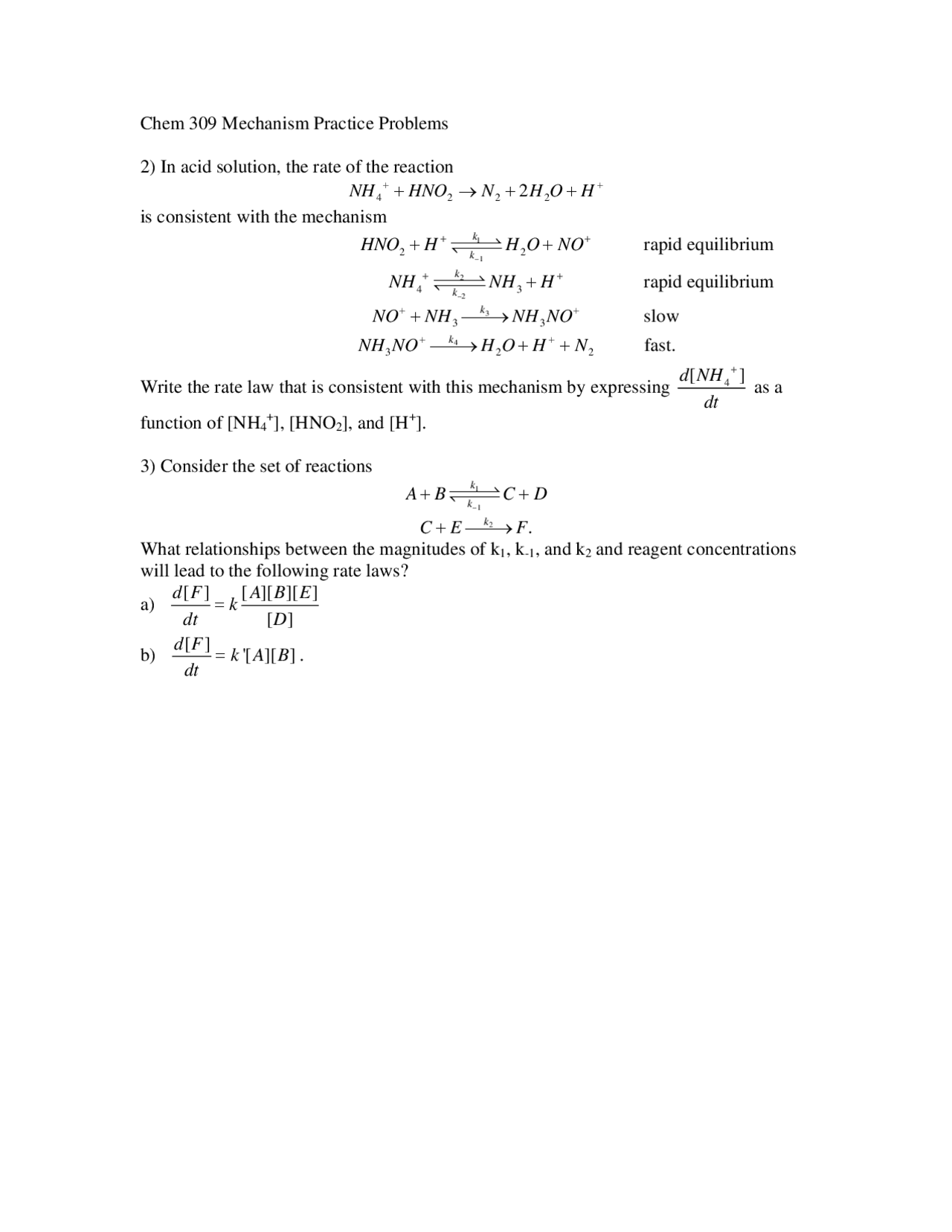 Practice Problems - Physical Chemistry I | CHEM 309 - Docsity